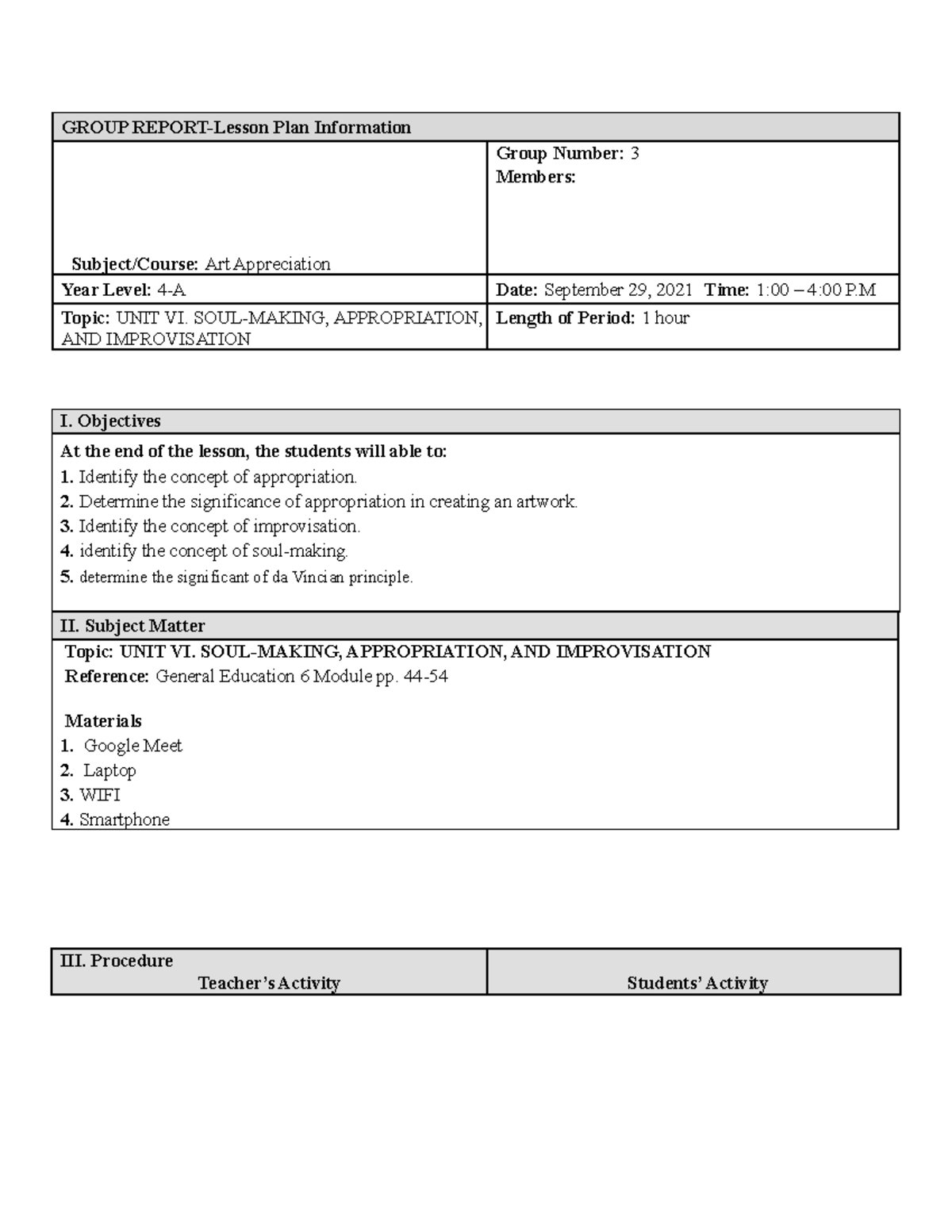 Lesson Plan for Art Appreciation - GROUP REPORT-Lesson Plan Information ...