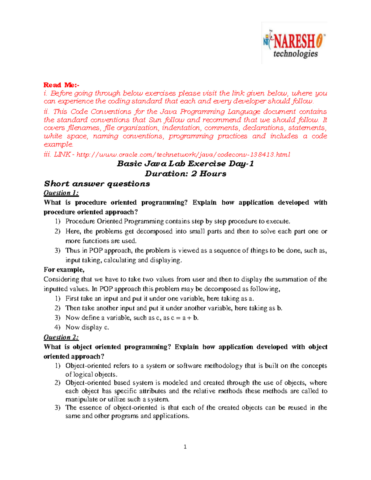 Java Basics-1 - Read Me:- i. Before going through below exercises ...