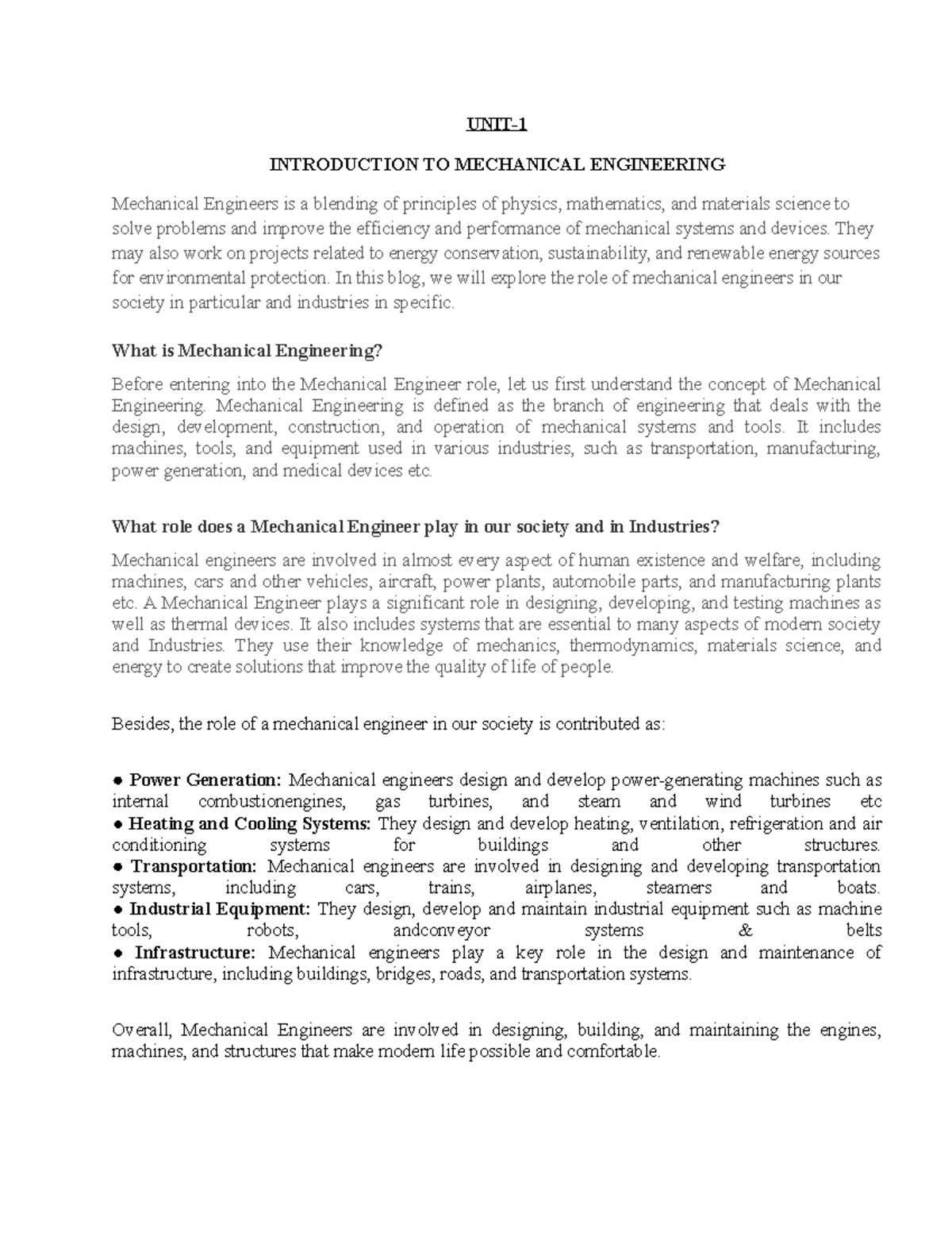 UNIT-1 Introduction TO Mechanical Engineering - UNIT- INTRODUCTION TO ...