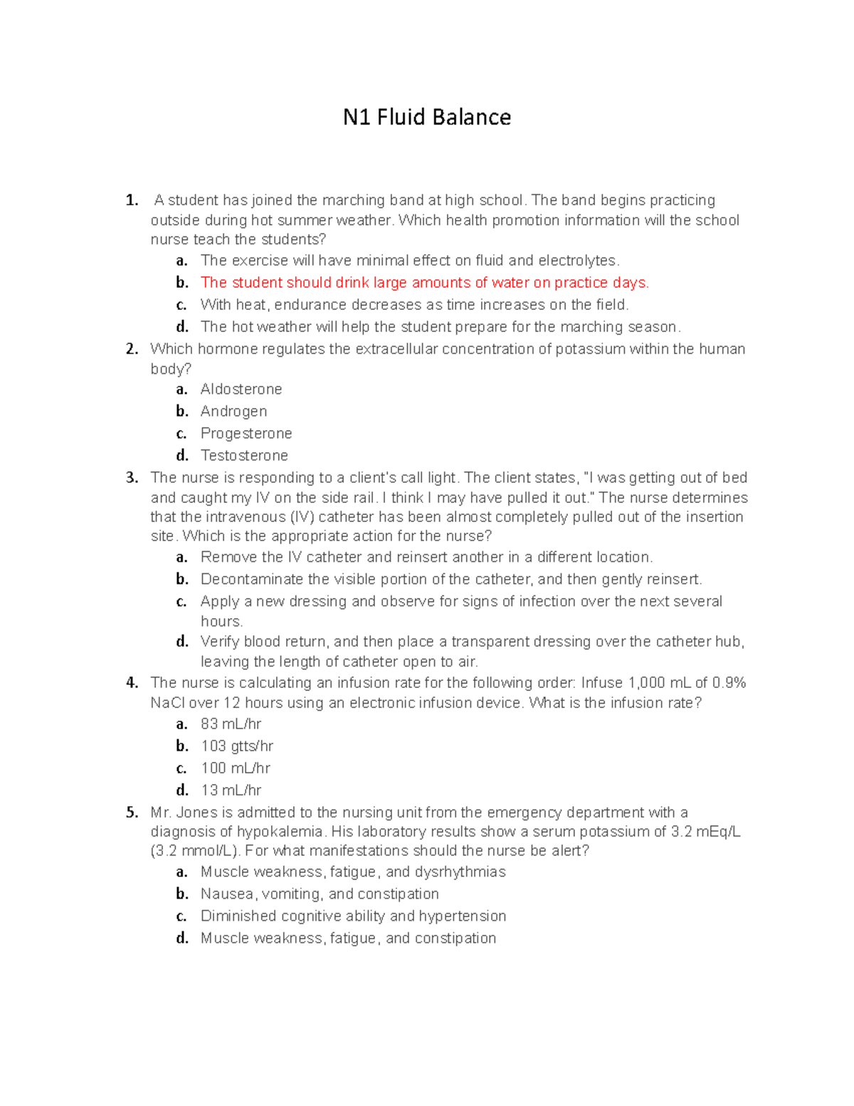 N1 Fluid Balance Practices Questions - N1 Fluid Balance 1. A student ...
