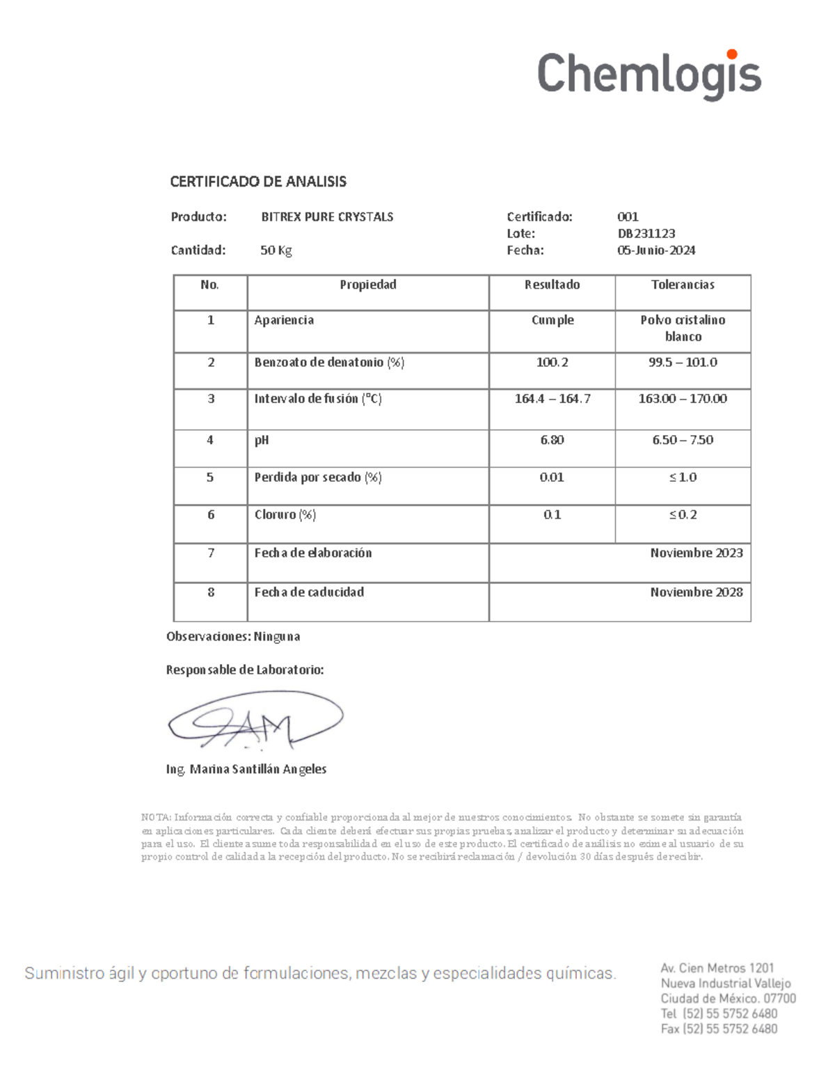 Bitrex PURE Crystals 001 LT. DB231123 - CERTIFICADO DE ANALISIS ...