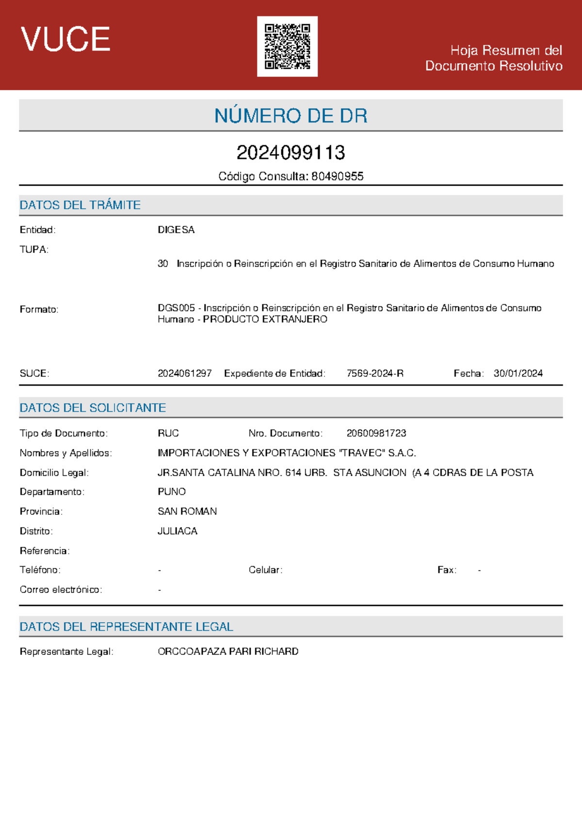 VUCE Hoja Resumen DR 2024099113 - VUCE Hoja Resumen del Documento ...
