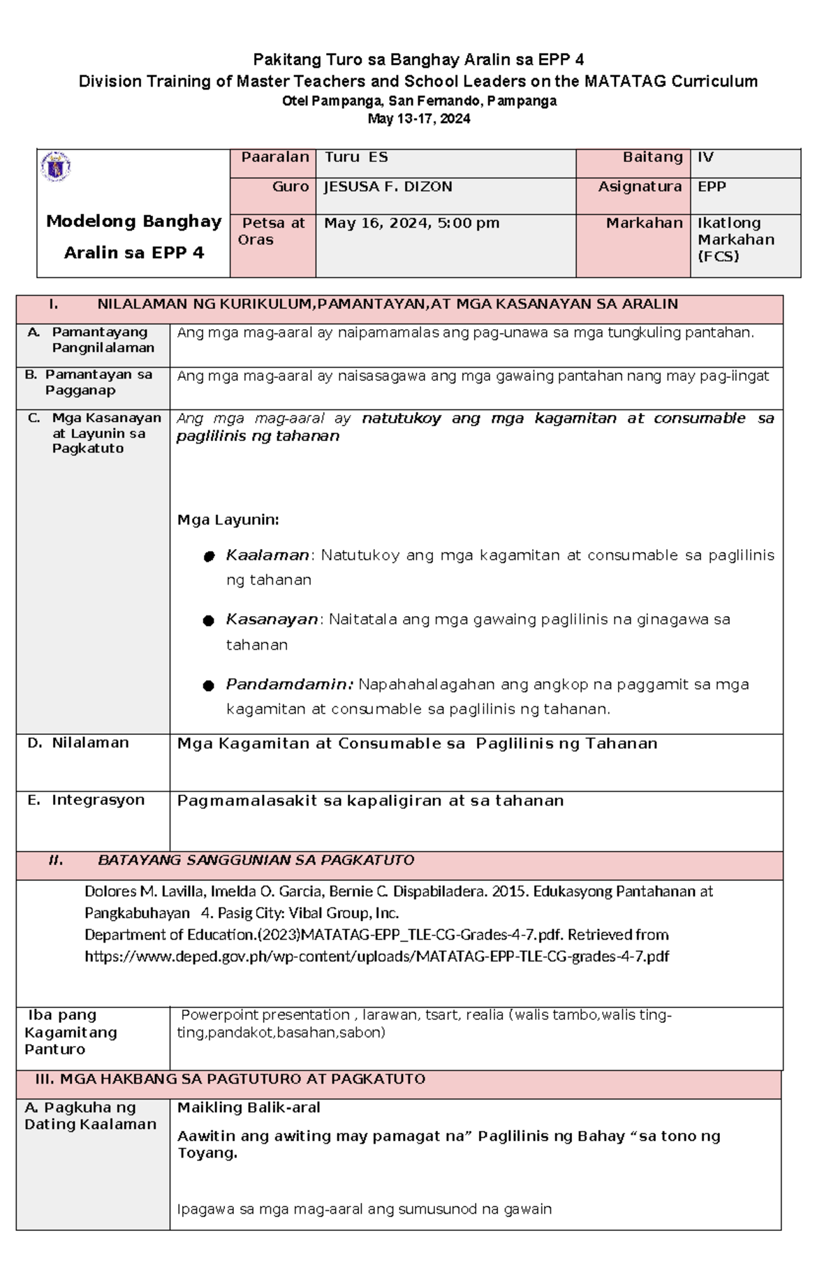 Lesson Exemplar DEMO Teaching EPP 4 - Pakitang Turo sa Banghay Aralin ...