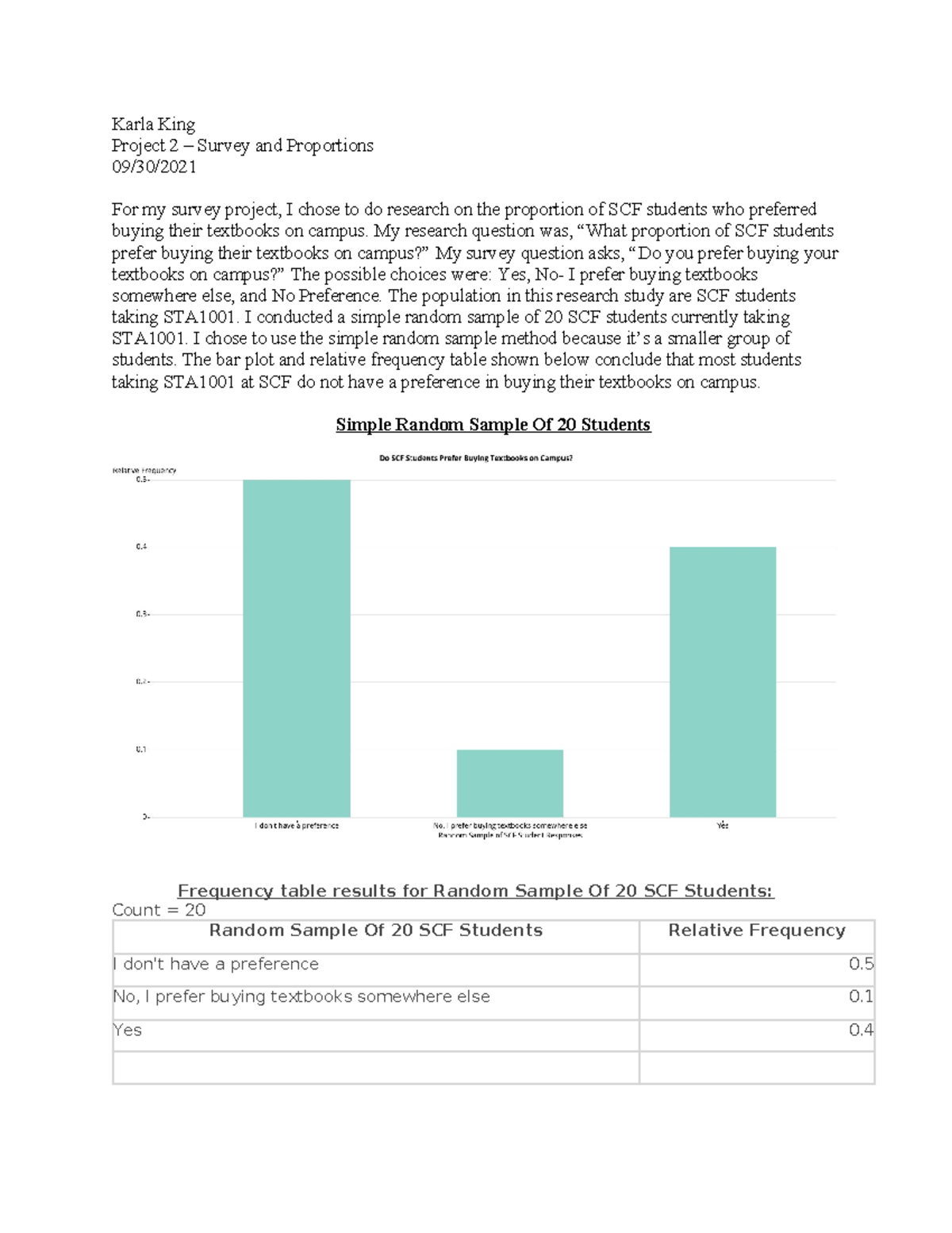 Project 2 - practice - Karla King Project 2 – Survey and Proportions 09 ...