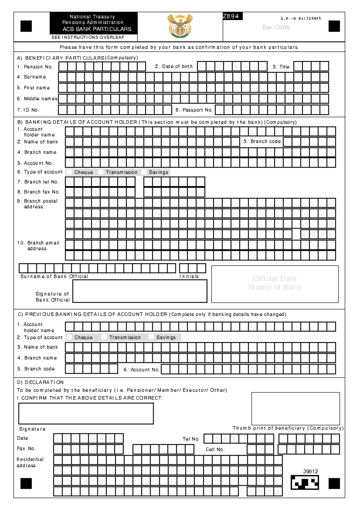 Z894 - ewtwfwywgwt - Bar Code Z ACB BANK PARTICULARS Please have this ...