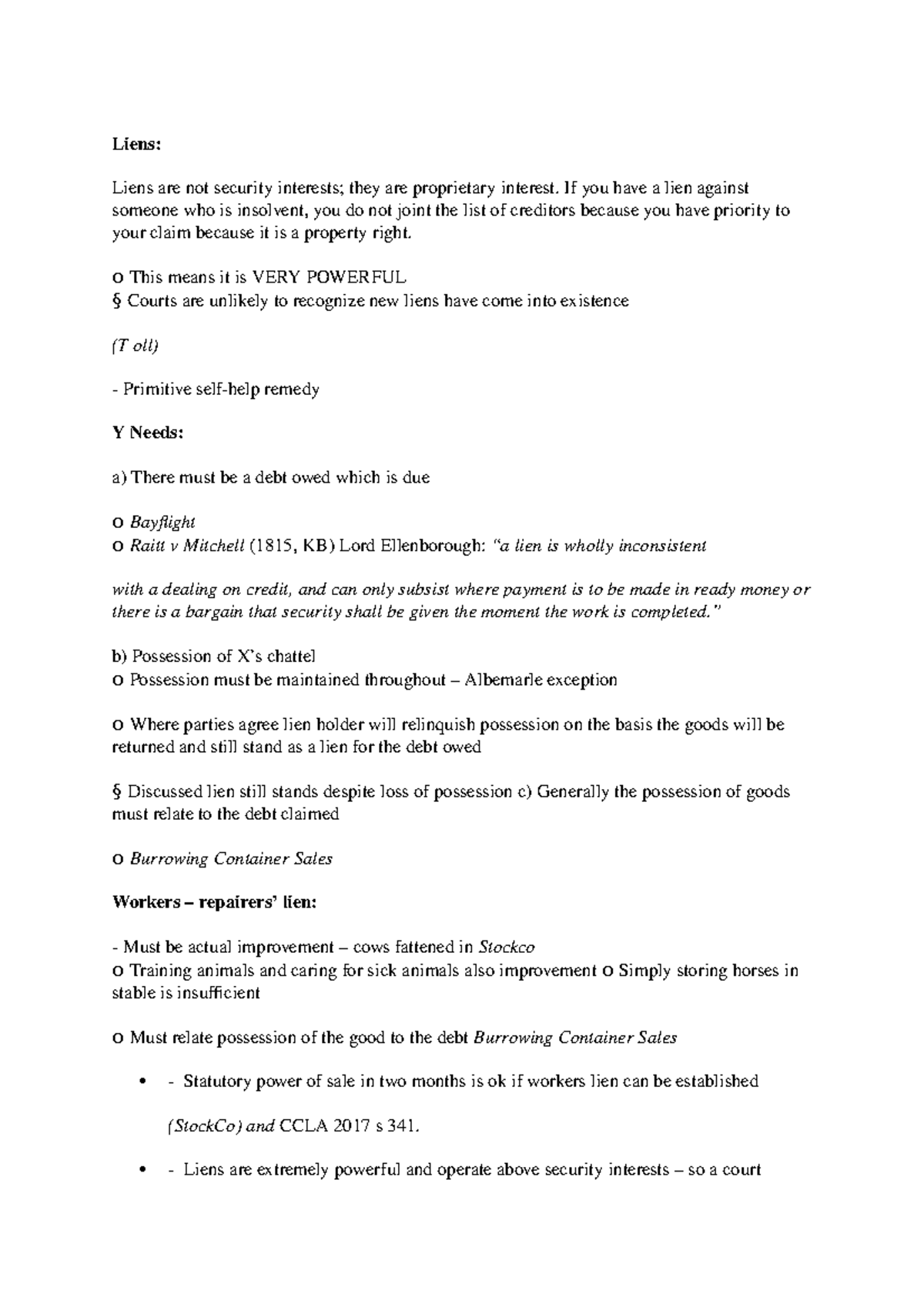 Liens analysis and cheat sheet - Property Law - Victoria University ...