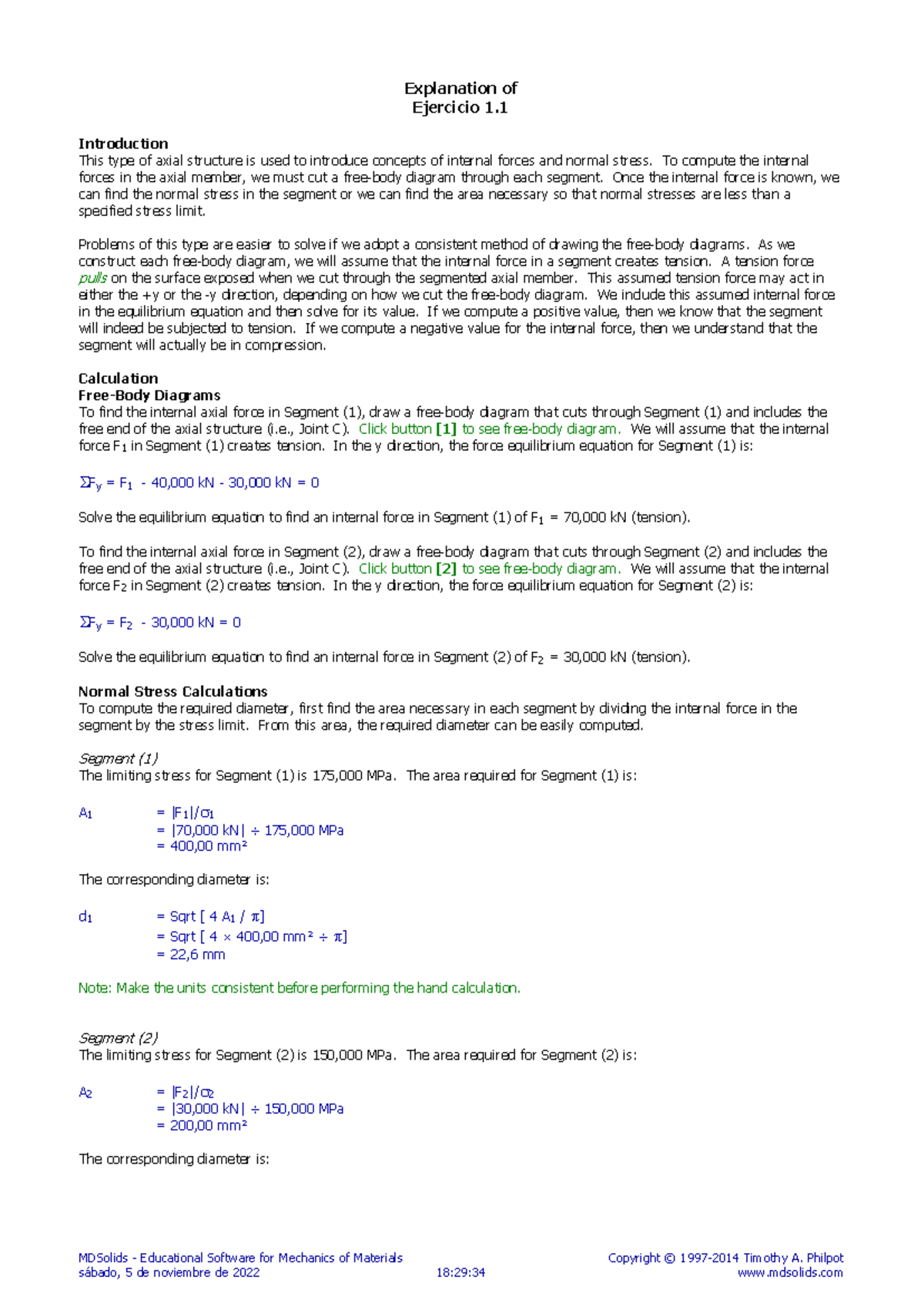 Ejercicio 1.1 MDSolids - Explanation of Ejercicio 1. Introduction This ...
