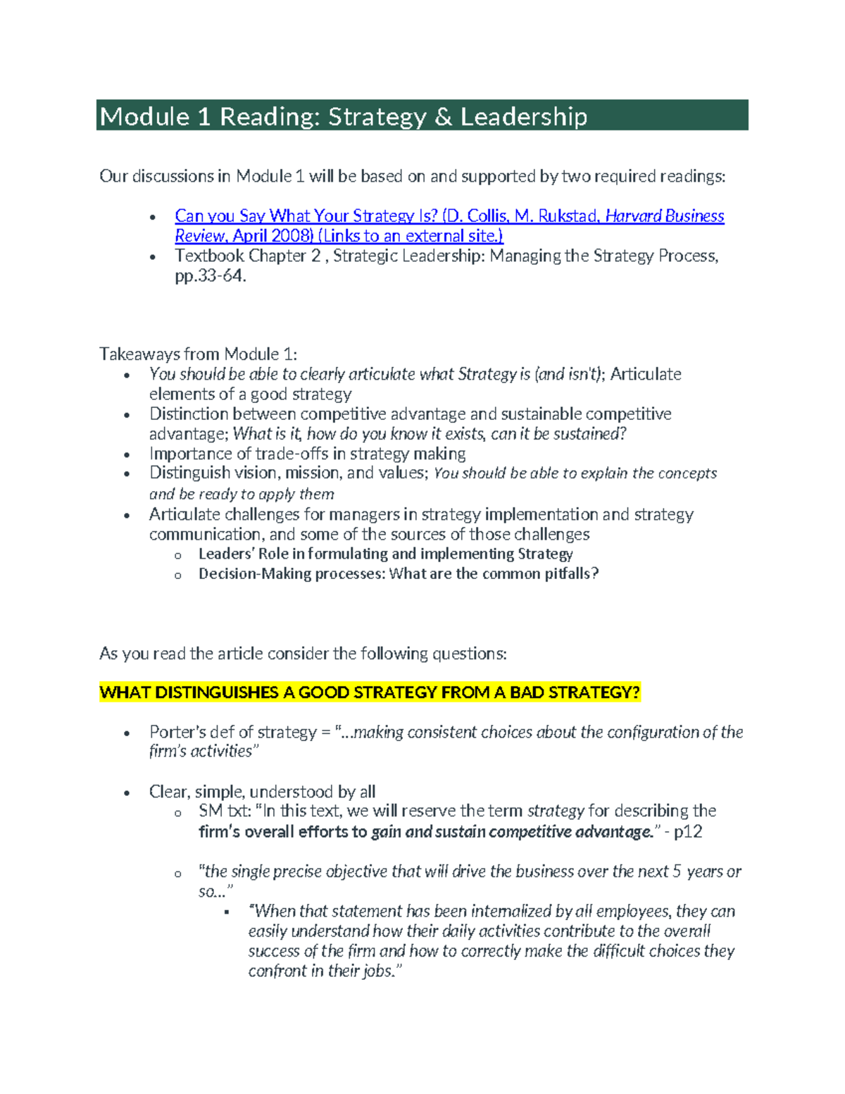 Module 1 Reading - Module 1 Reading: Strategy & Leadership Our discussions in Module 1 will be ...