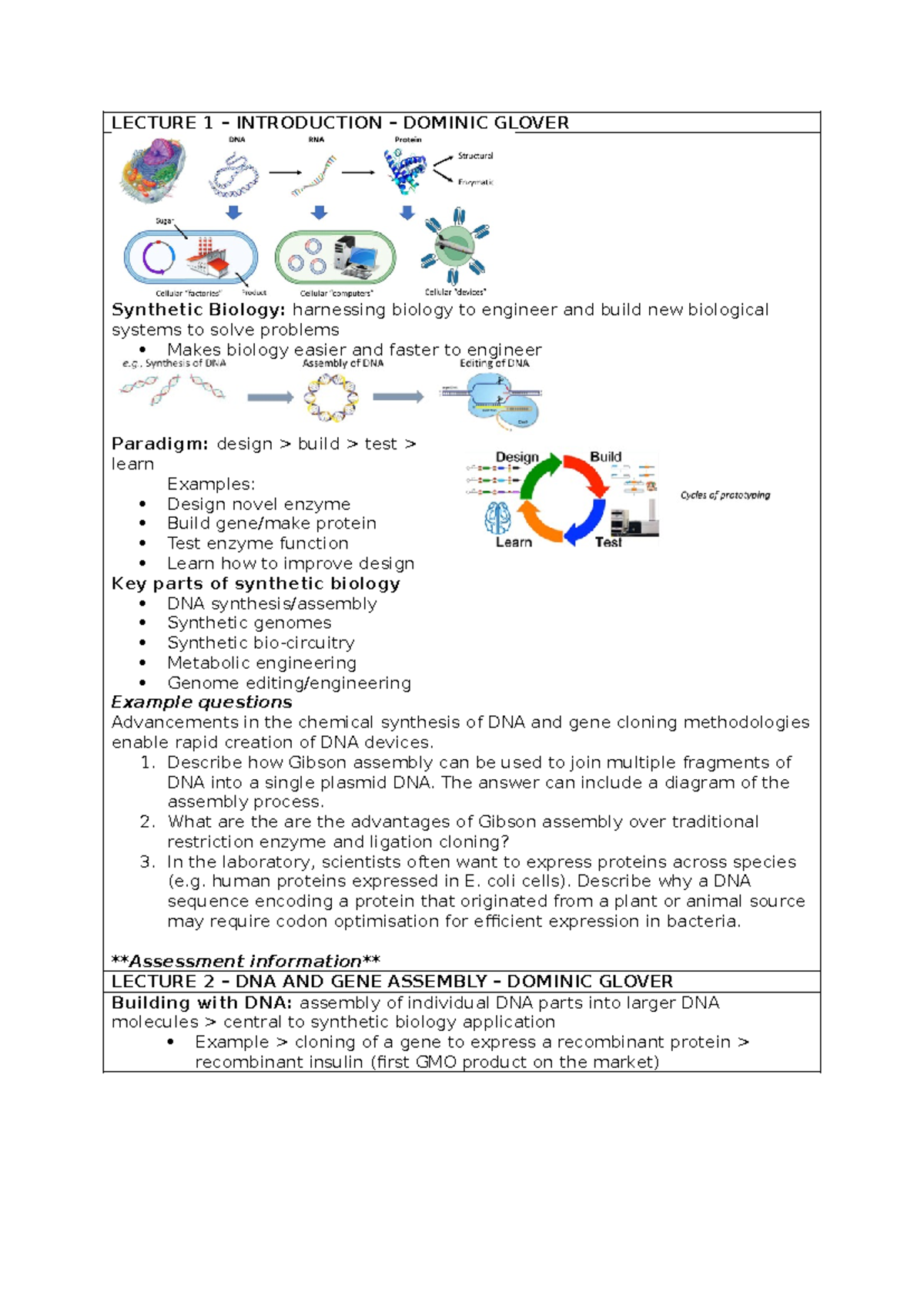 Synthetic Biology Mid Term Notes - LECTURE 1 – INTRODUCTION – DOMINIC ...