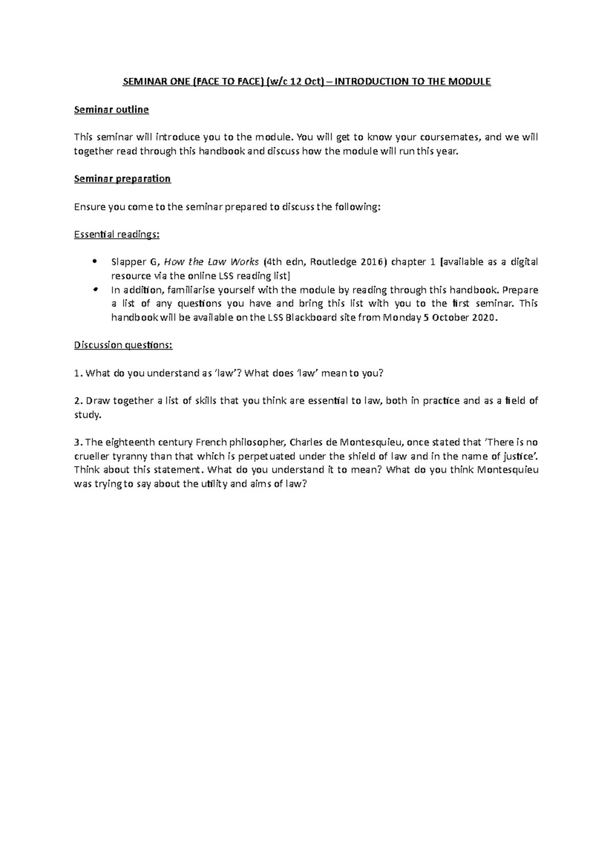 LSS Seminar 1 - Introduction to the Module - SEMINAR ONE (FACE TO FACE ...