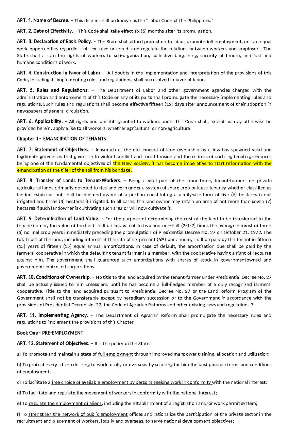 LAW Reviewer - ART. 1. Name of Decree. – This decree shall be known as ...