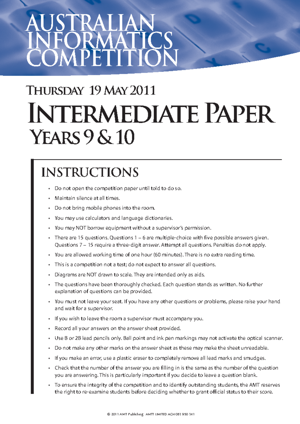 AIC Intermediate 2011 - Thursday 19 May 2011 Intermediate Paper Years 9 ...