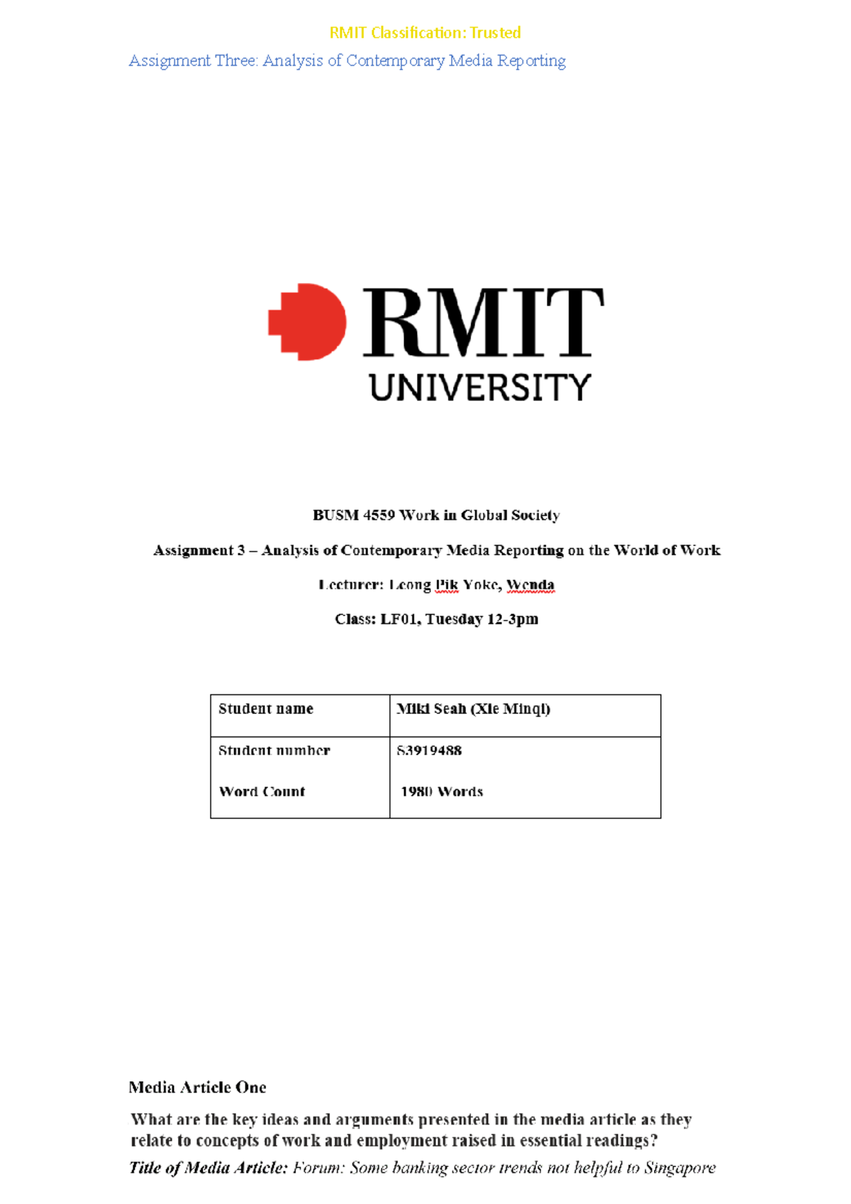 LF01 WIGS Assignment 3 - Assignment Three: Analysis of Contemporary Media Reporting Assignment ...