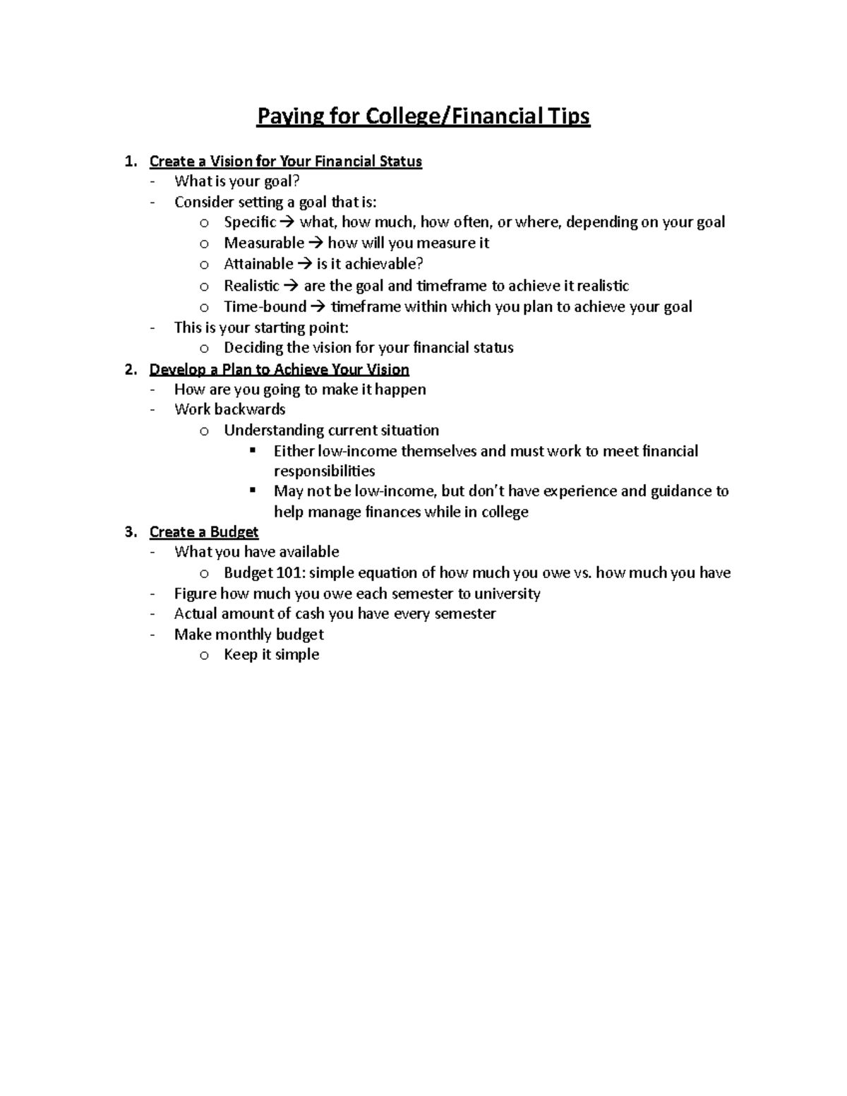 Paying for College - notes - Paying for College/Financial Tips Create a ...