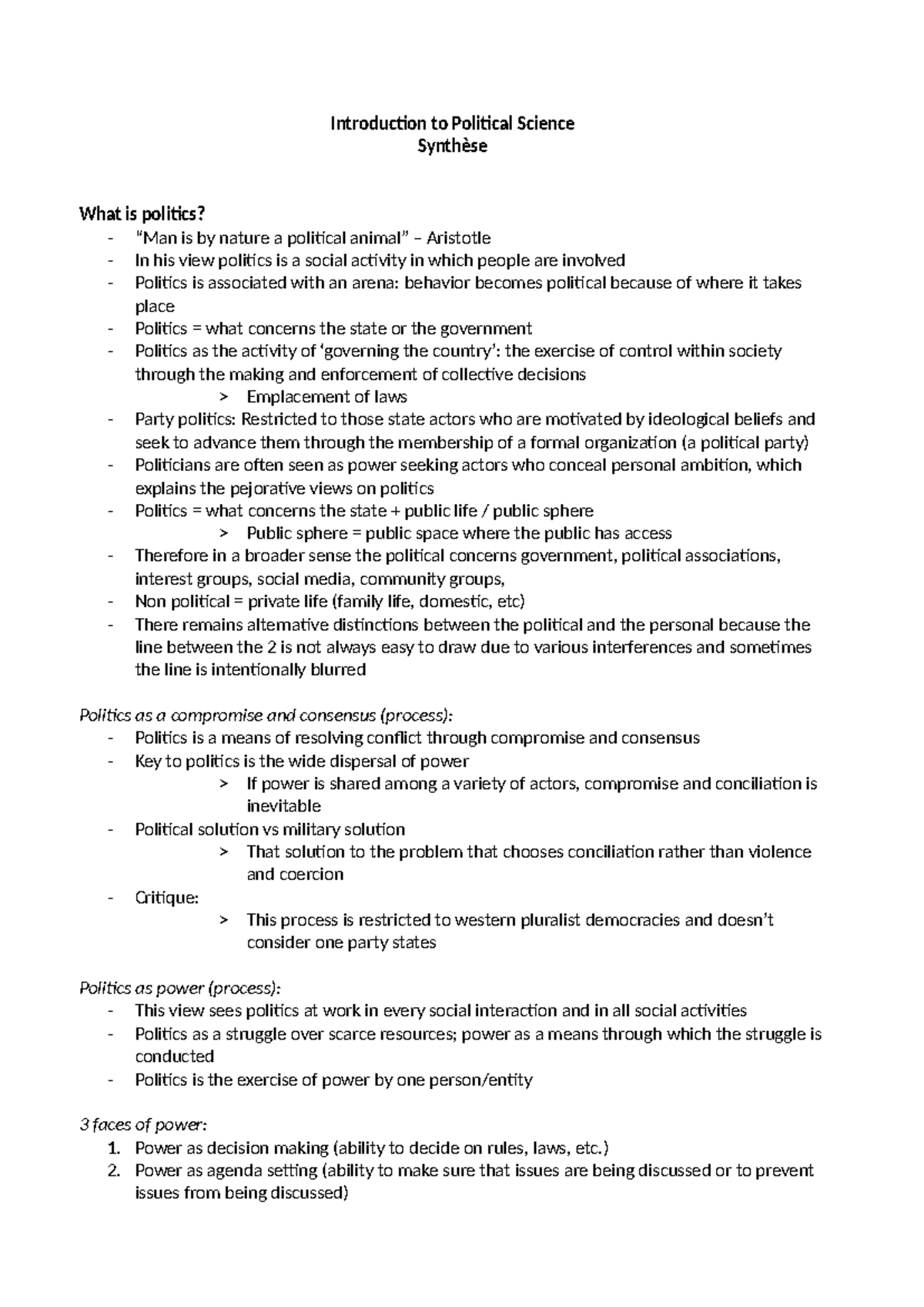Introduction to Political Science Synthèse intro polisci - Introduction ...