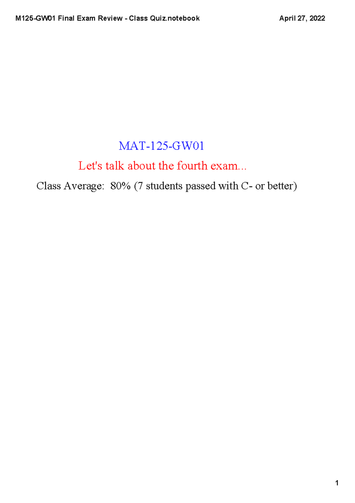 Final Exam Review Work-Through - MAT 125 - M125­GW01 Final Exam Review ...