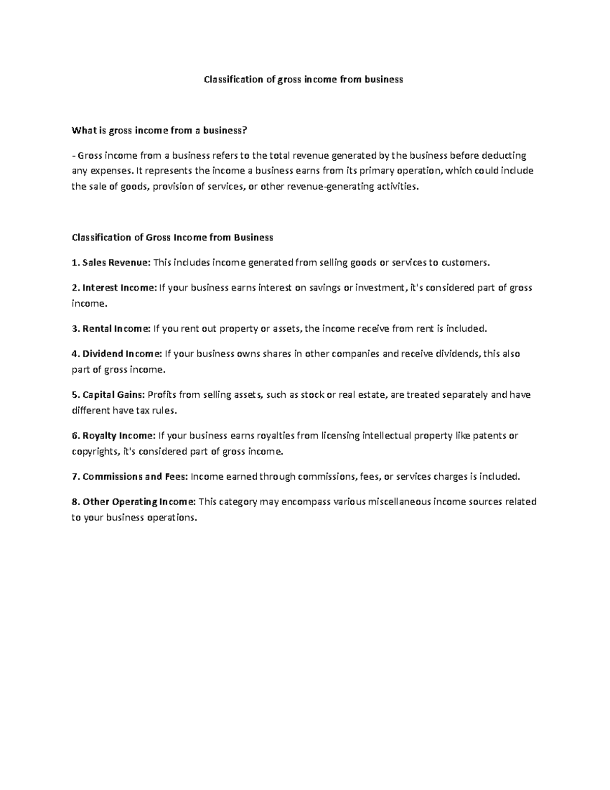 Classification of gross income from business - It represents the income ...