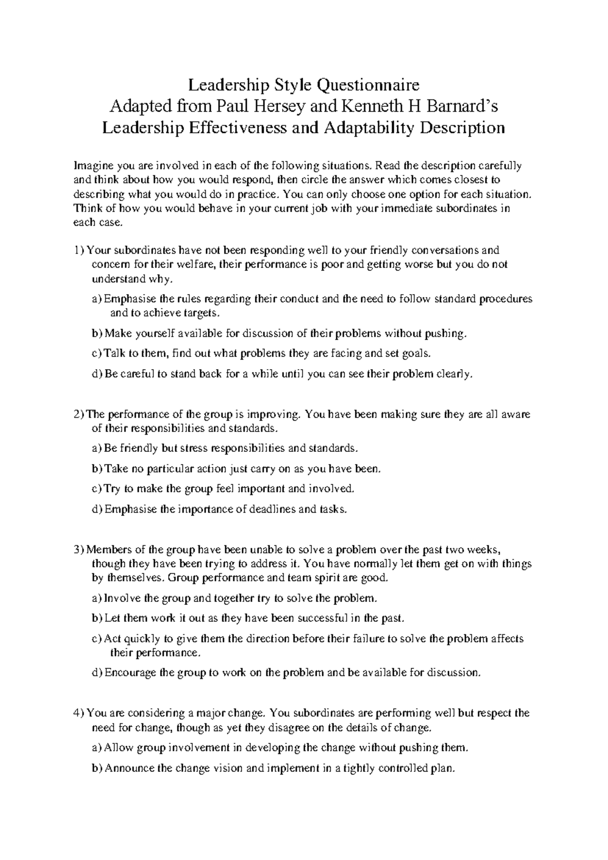 Leadership Style Questionnaire Handout - Leadership Style Questionnaire ...