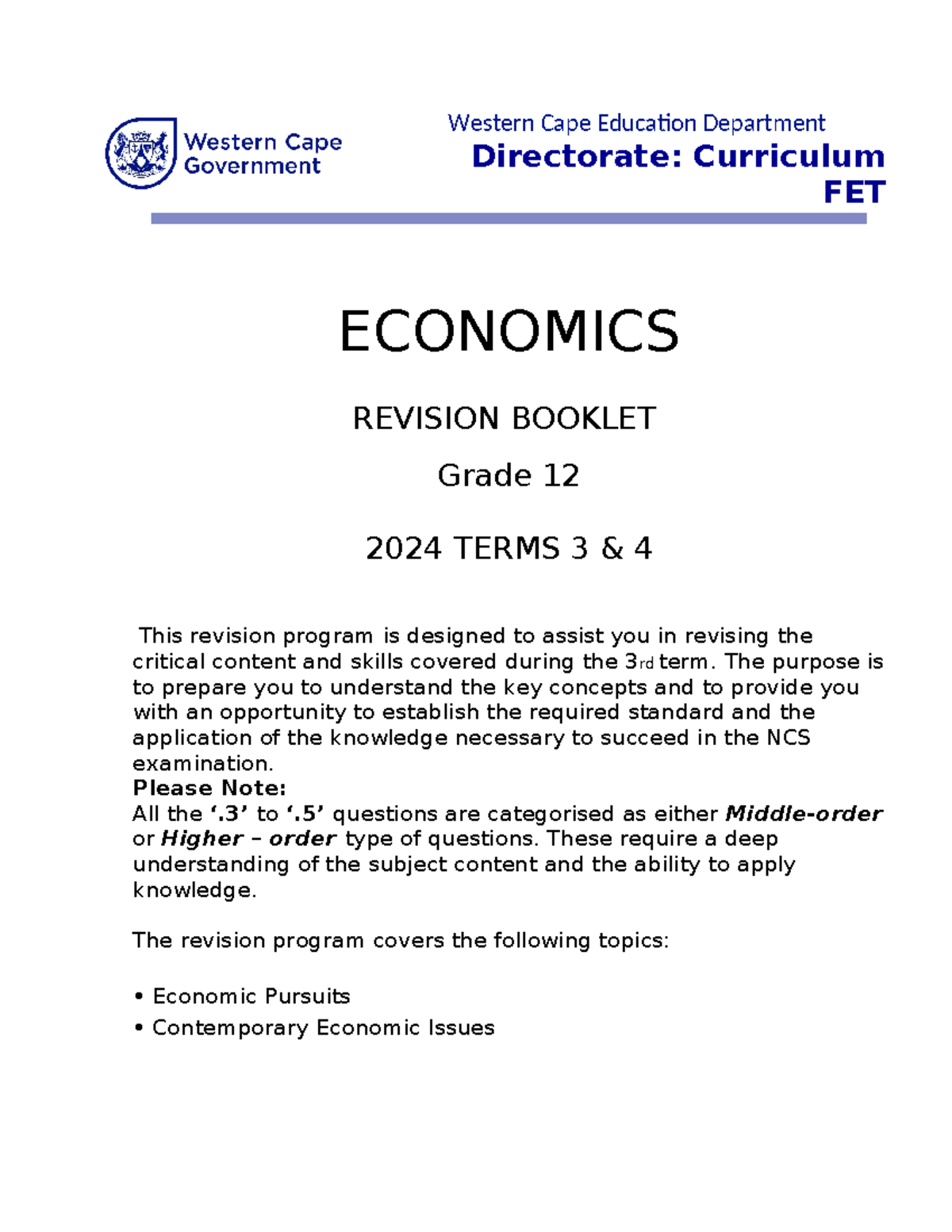 Economics revision materials Term 3 2024 grade 12 - Western Cape ...