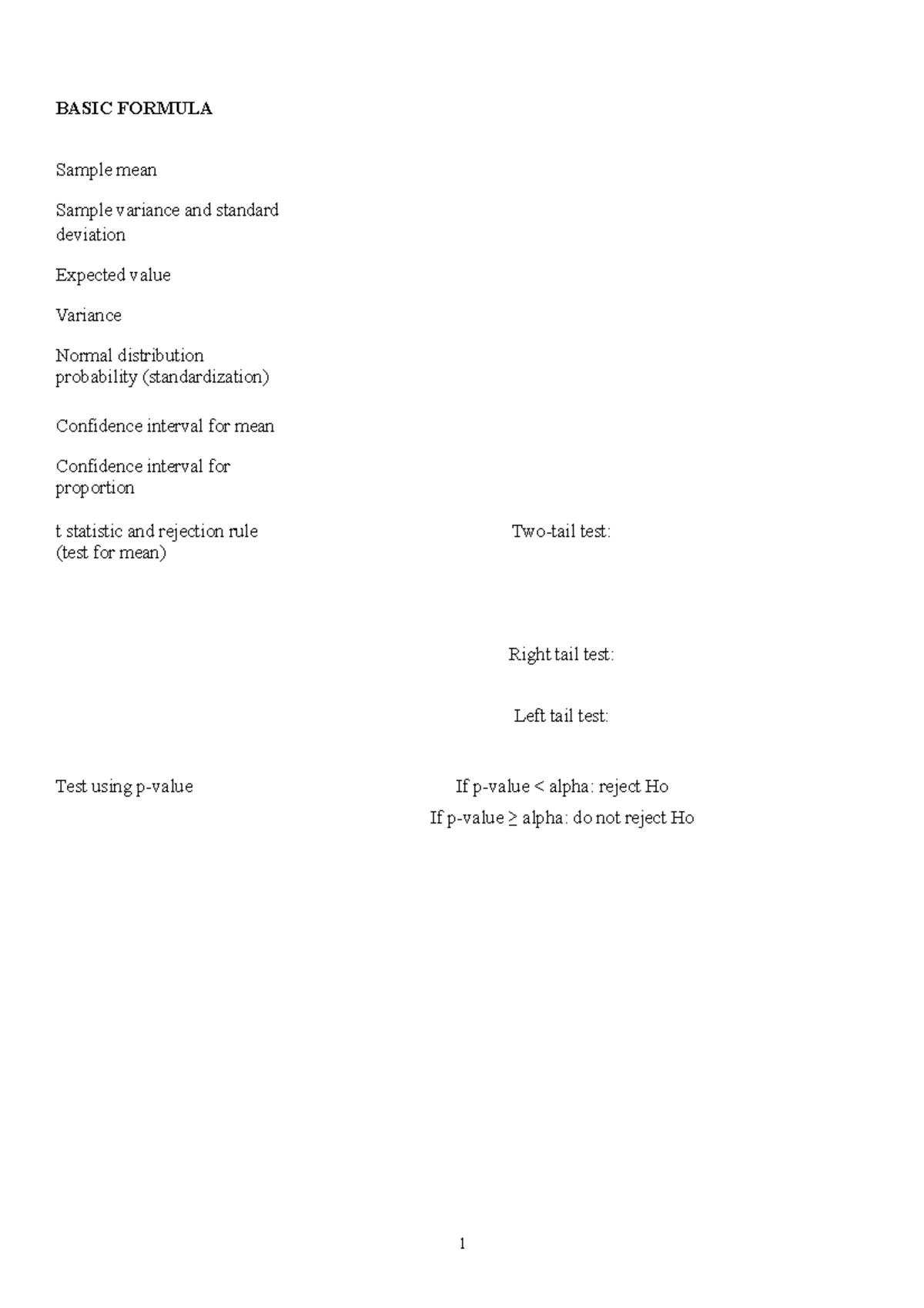 Basic Formula - BASIC FORMULA Sample mean Sample variance and standard ...
