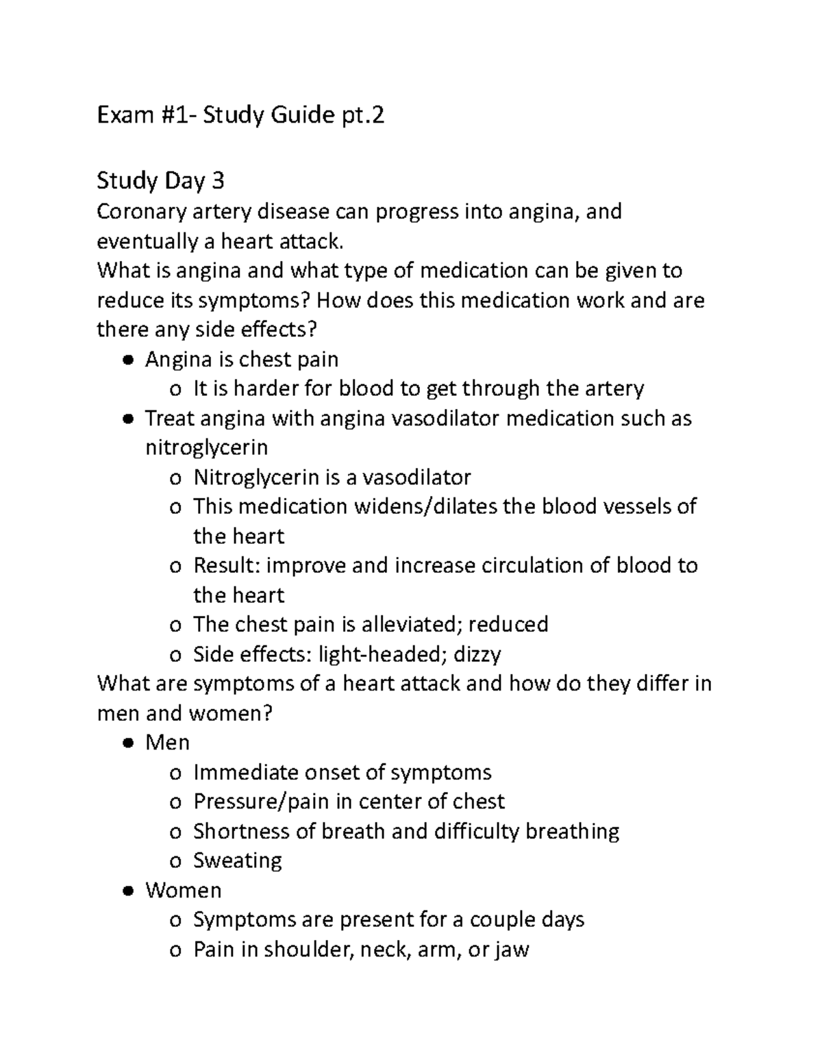 Exam 1 Study Guide pt - Exam #1- Study Guide pt. Study Day 3 Coronary ...