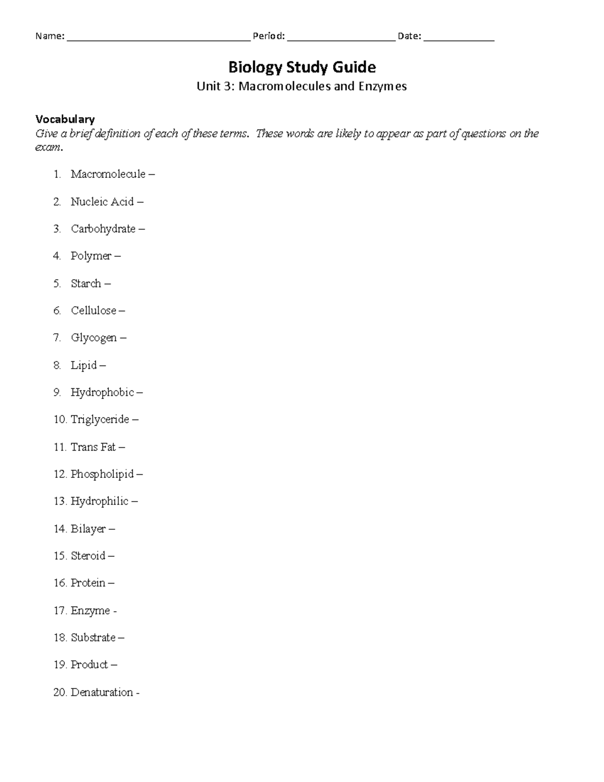 Macromolecules and Enzymes Study Guide - Name ... Macromolecules and Enzymes Study Guide - Name ...