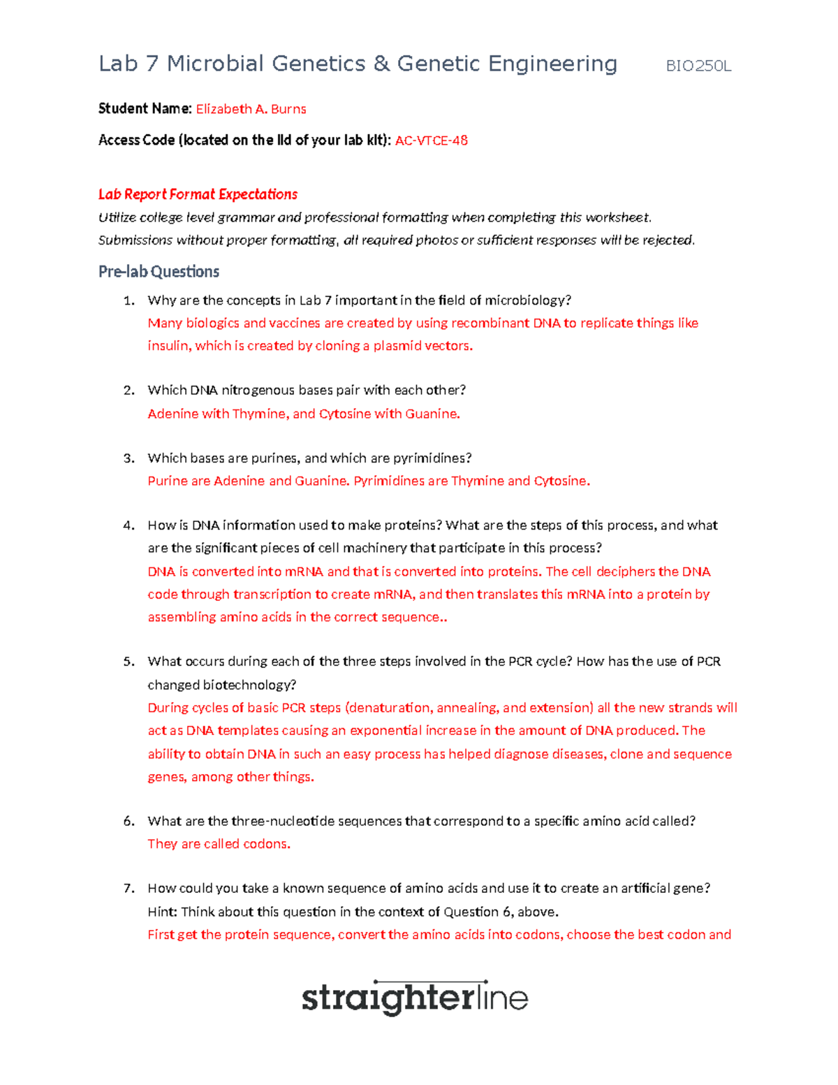 Micro Lab 7 Part 2 - Student Name: Elizabeth A. Burns Access Code ...