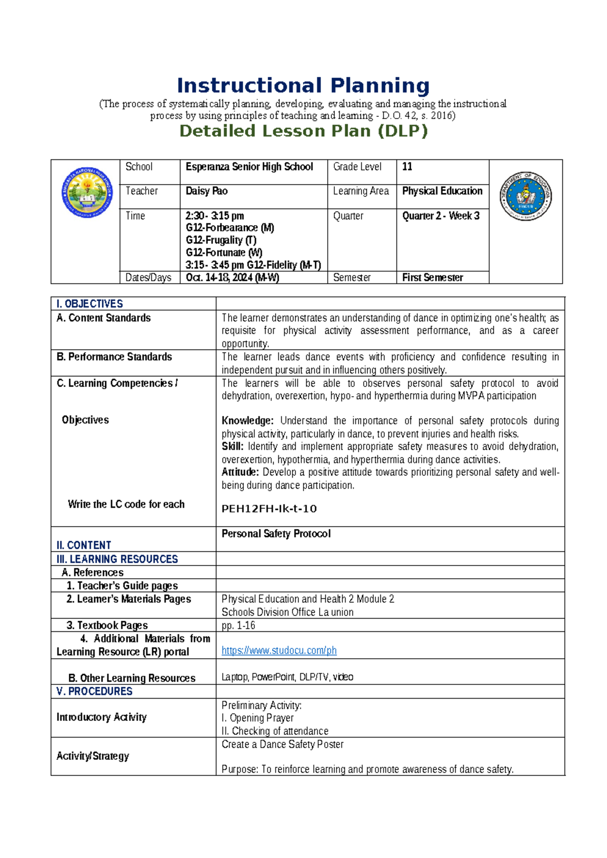 DLP-PE12 Q2 W3 - Physical Education 12 Detailed Lesson Plan ...