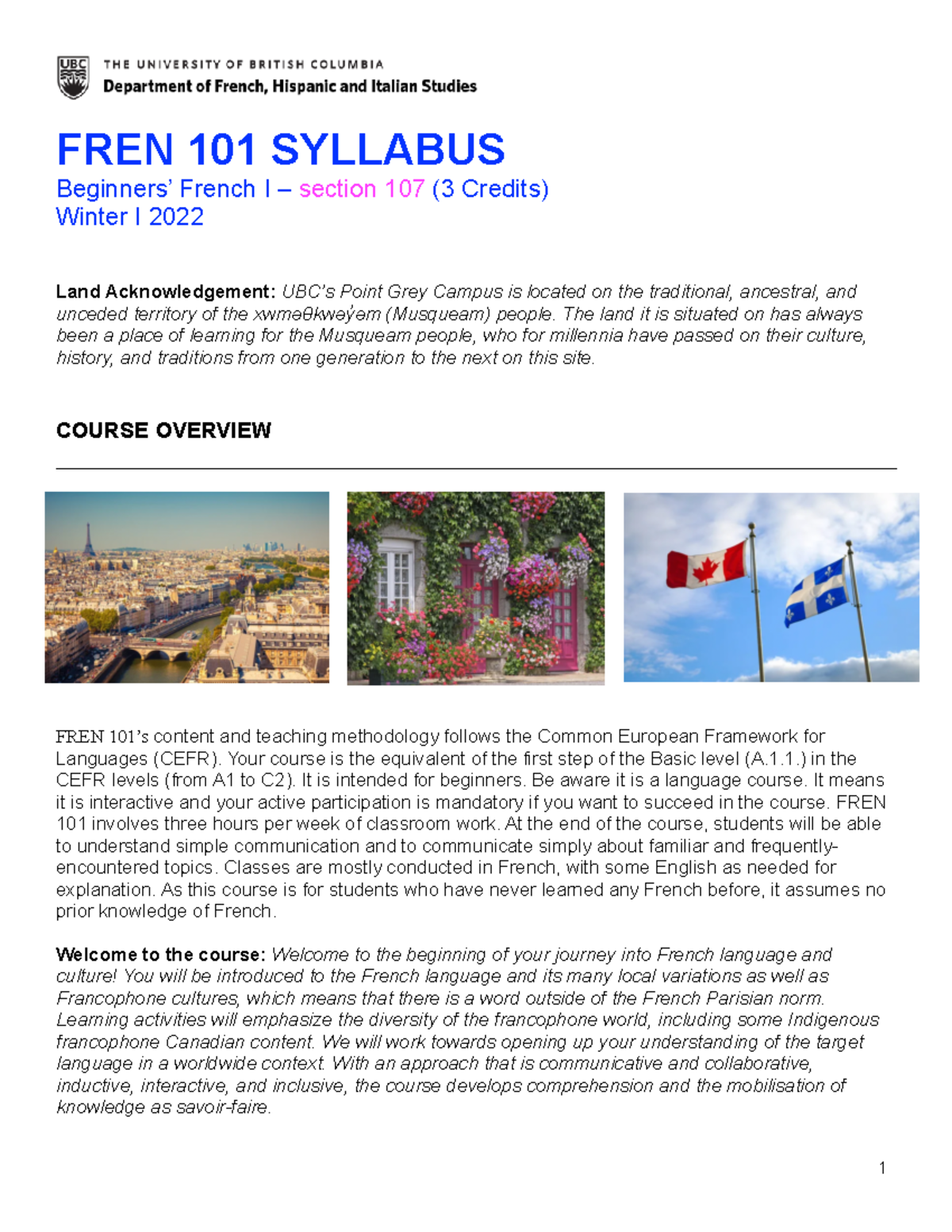 FREN101-syllabus-WI-2023-#107 - FREN 101 SYLLABUS Beginners’ French I ...