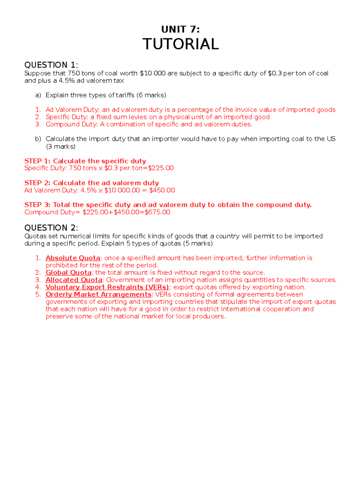 UNIT 7 Tutorial - UNIT 7: TUTORIAL QUESTION 1: Suppose that 750 tons of ...