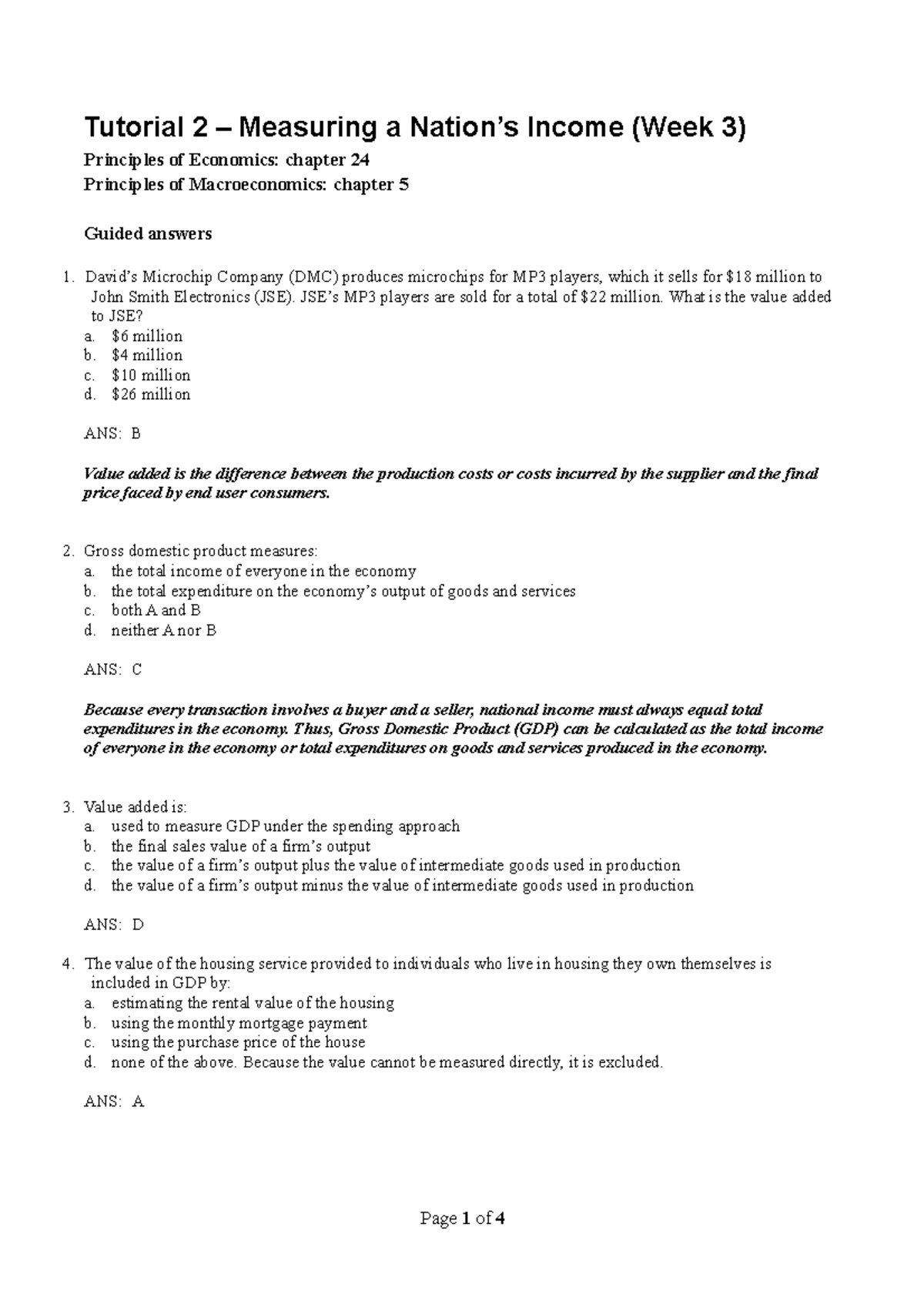 Tut2 (Week 3) Guided Ans - Tutorial 2 Measuring a Income (Week 3) Principles of Economics ...
