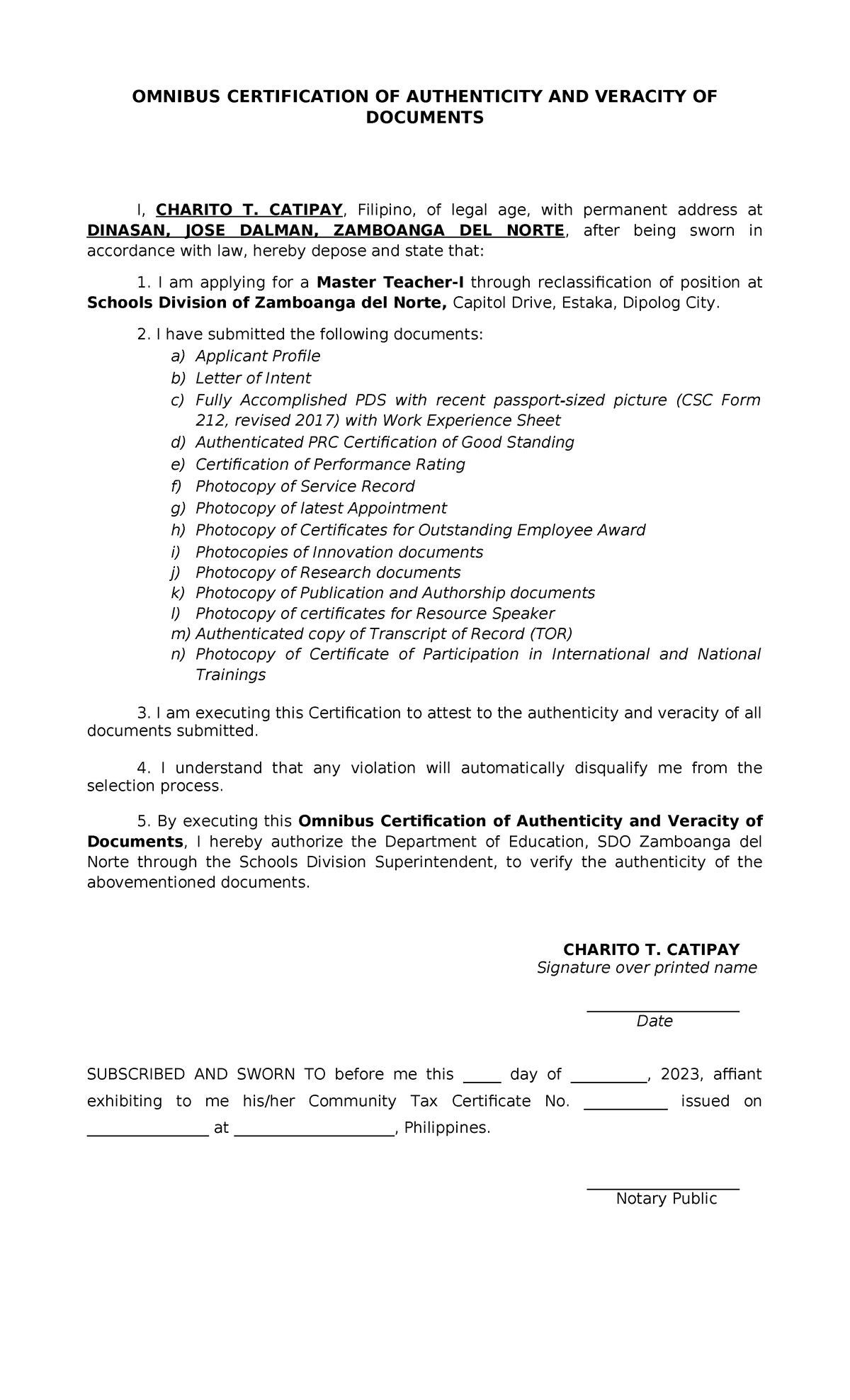 Omnibus Certification OF Authenticity AND Veracity OF Documents Gerald ...