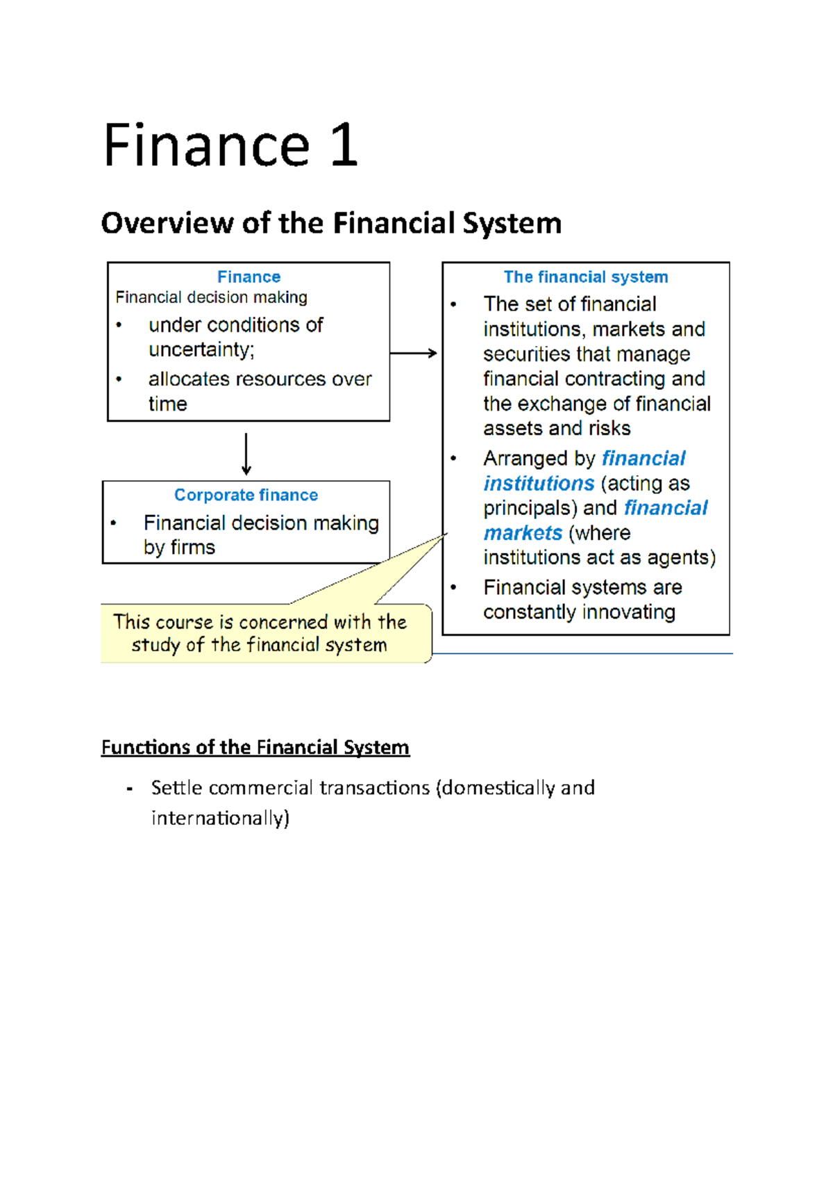 Finance 1 - Finance 1 Overview of the Financial System Functions of the ...
