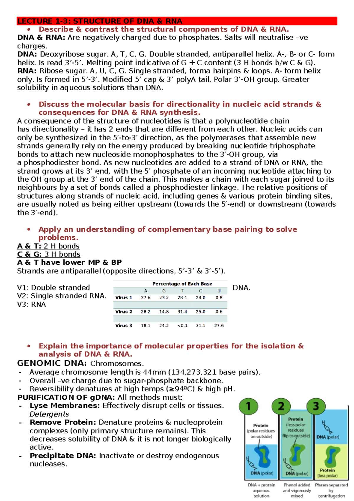 HUBS1202 summaries - LECTURE 1-3: STRUCTURE OF DNA & RNA Describe ...