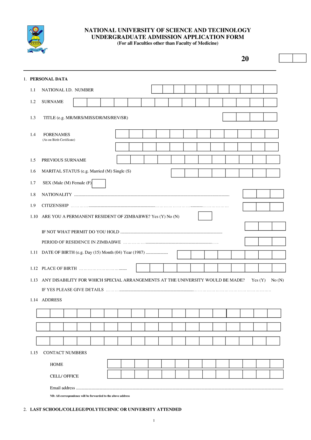 Undergraduate Application Form 1 - NATIONAL UNIVERSITY OF SCIENCE AND ...