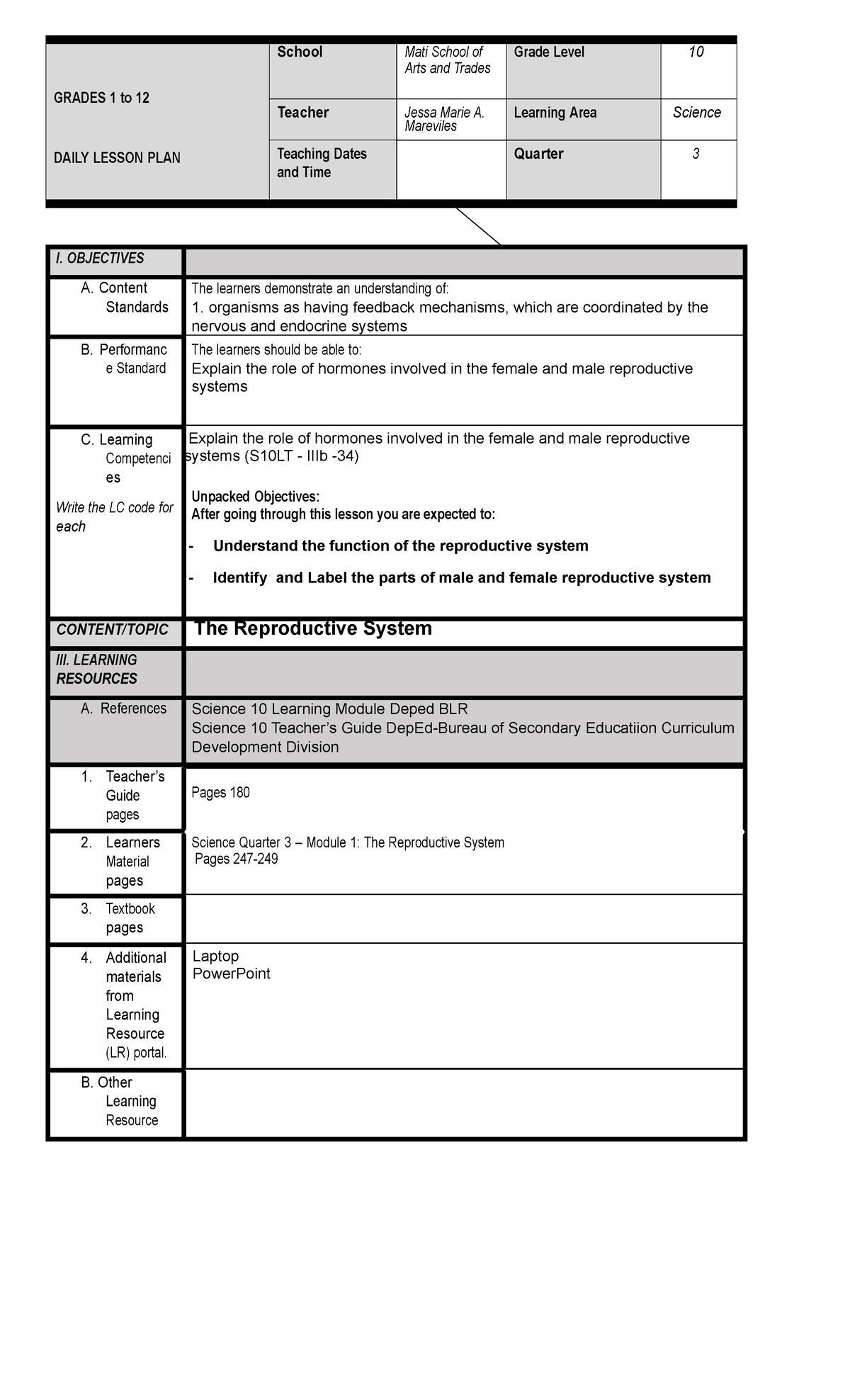 LP Reproductive System - GRADES 1 to 12 DAILY LESSON PLAN School Mati ...