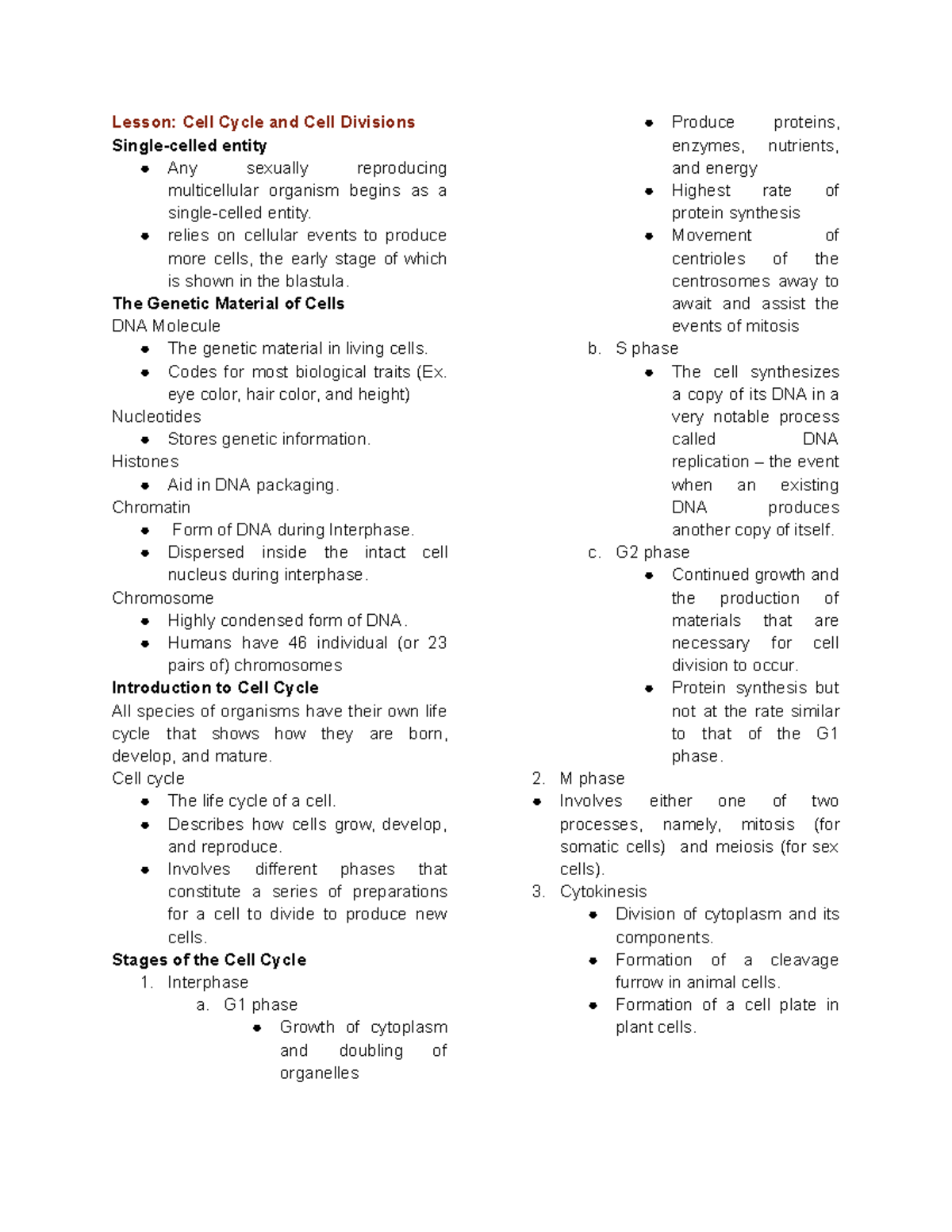 Notes (BIO) 1 - Lesson: Cell Cycle and Cell Divisions Single-celled ...