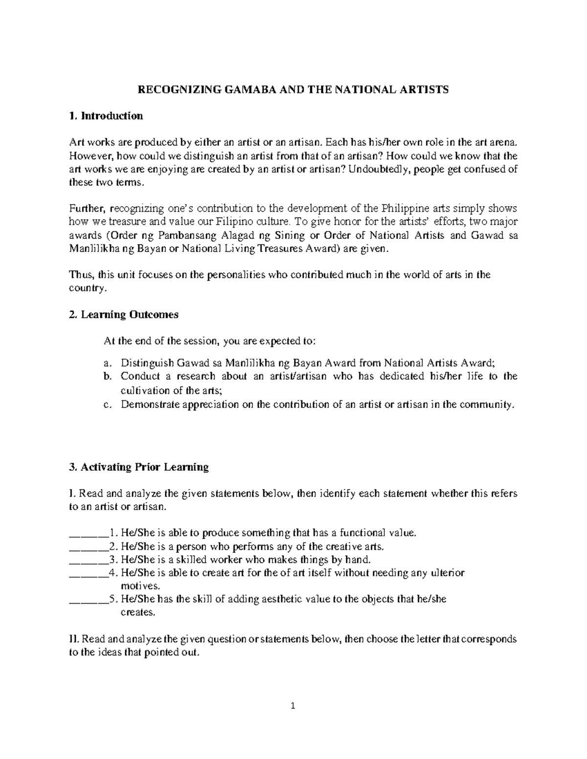 Gamaba - RECOGNIZING GAMABA AND THE NATIONAL ARTISTS 1. Introduction ...