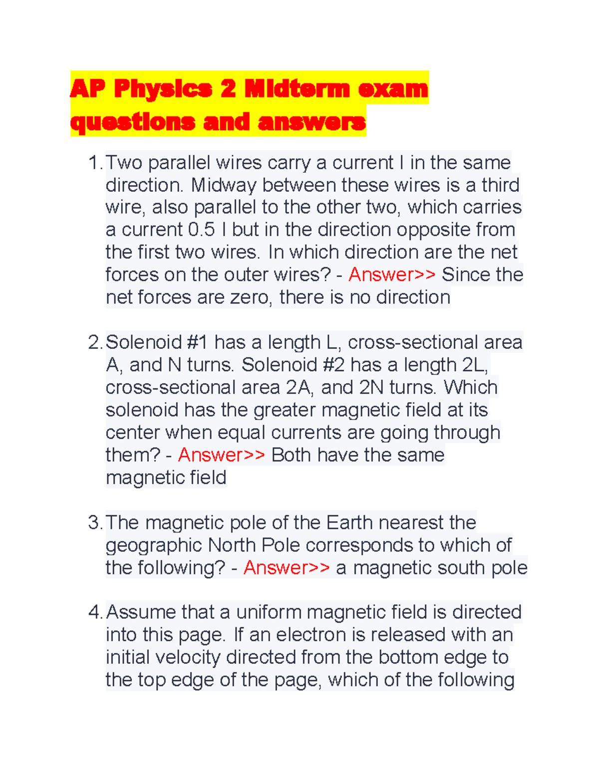 AP Physics 2 Midterm exam questions and answers - Midway between these wires is a third wire ...