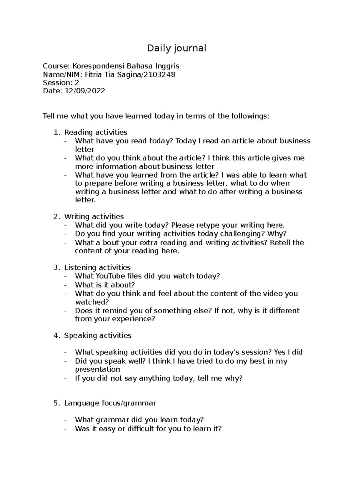 Daily journal at English Course to reflect student's understanding ...