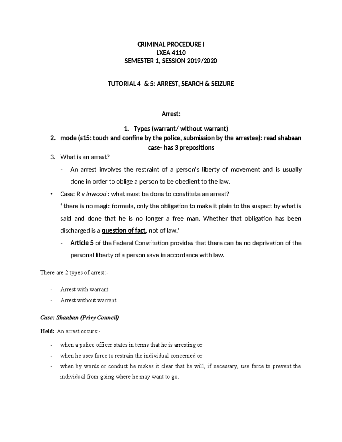 Tutorial Sheet 4 5 - Arrest and Search (Repaired) - CRIMINAL PROCEDURE I LXEA 4110 SEMESTER 1 ...