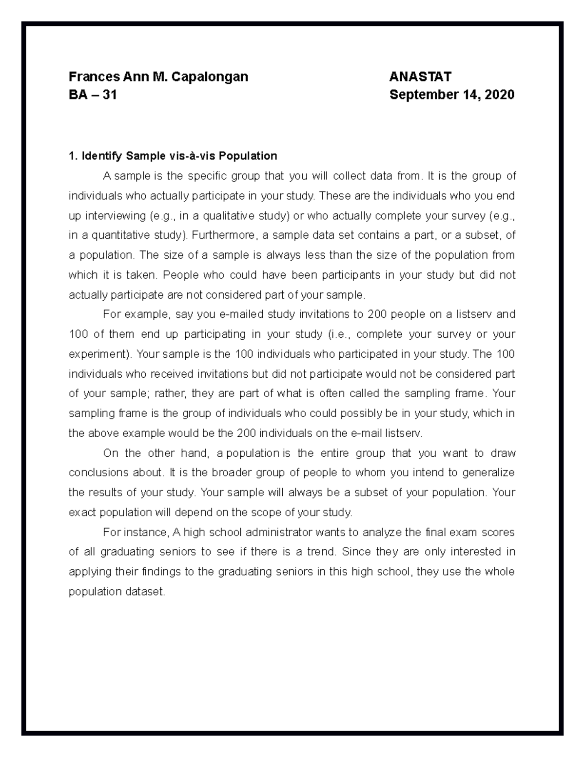 Anastat - Assignment#2 - Frances Ann M. Capalongan ANASTAT BA – 31 ...