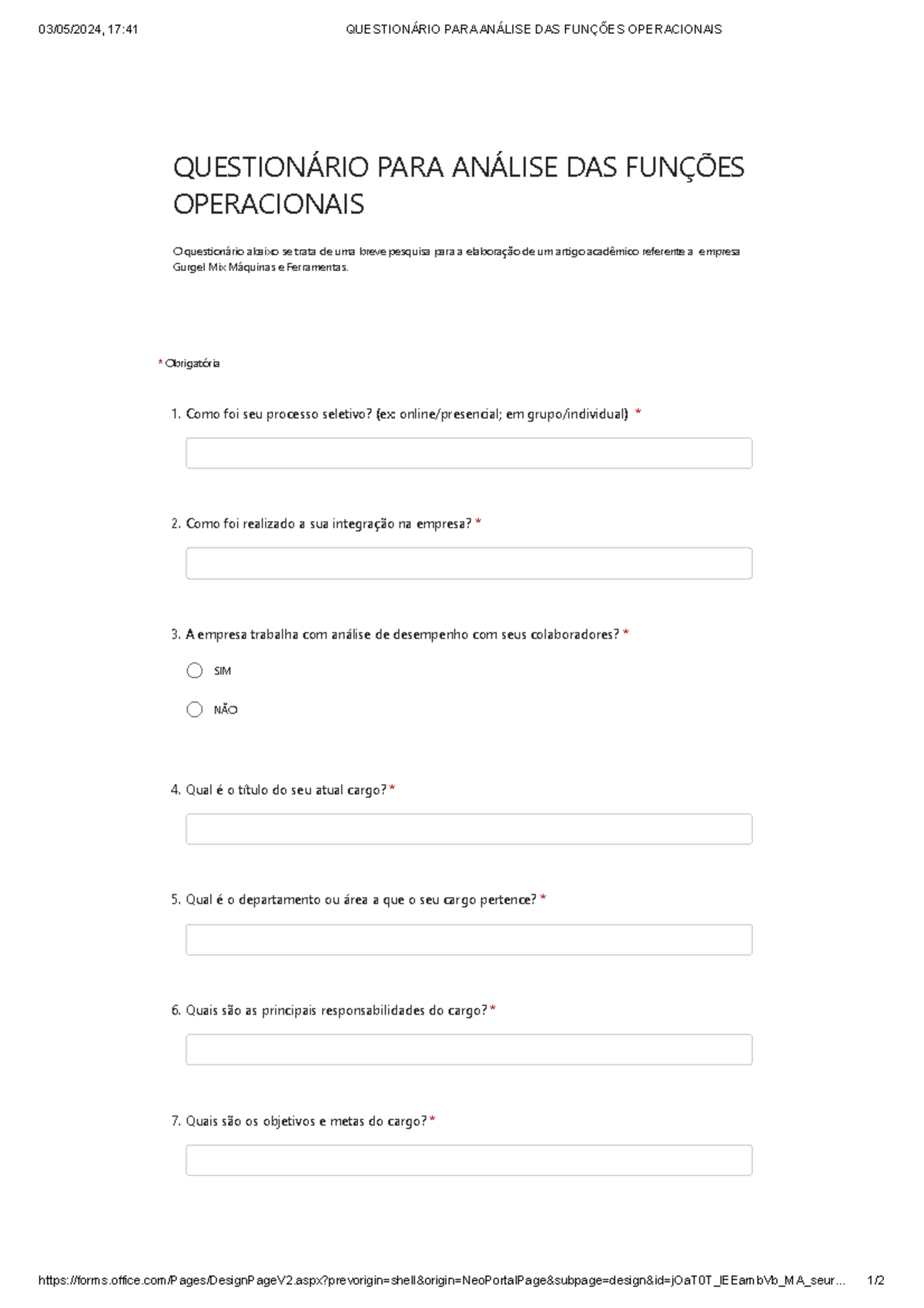 Questionário PARA Análise DAS Funções Operacionais - * Obrigatória ...