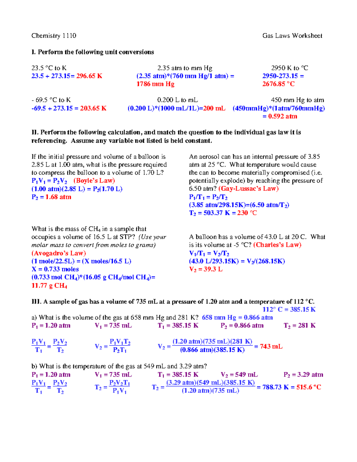 Section 3.2 The Gas Laws Answer Key