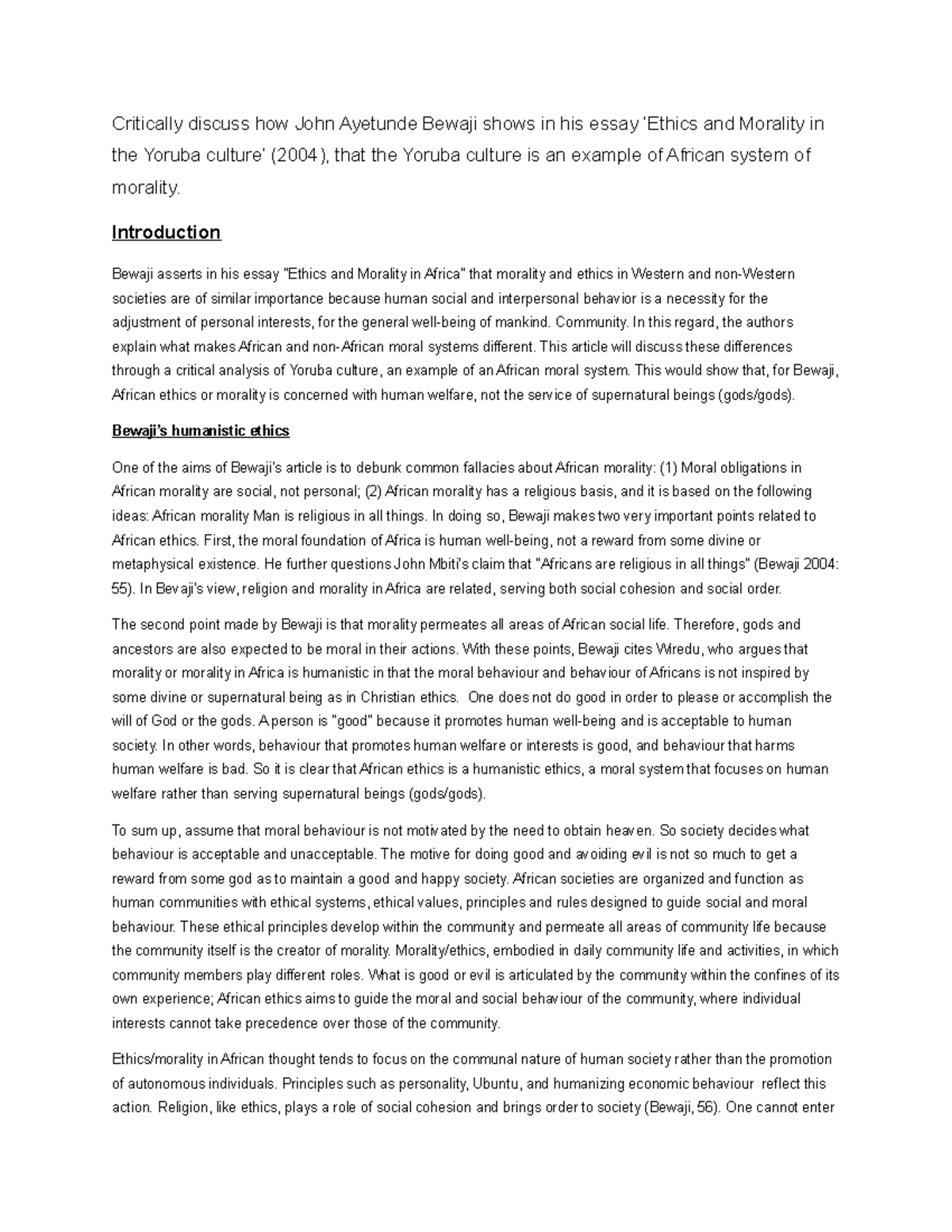 PLS1502 Essay Bewaji - Critically discuss how John Ayetunde Bewaji shows in his essay ‘Ethics ...