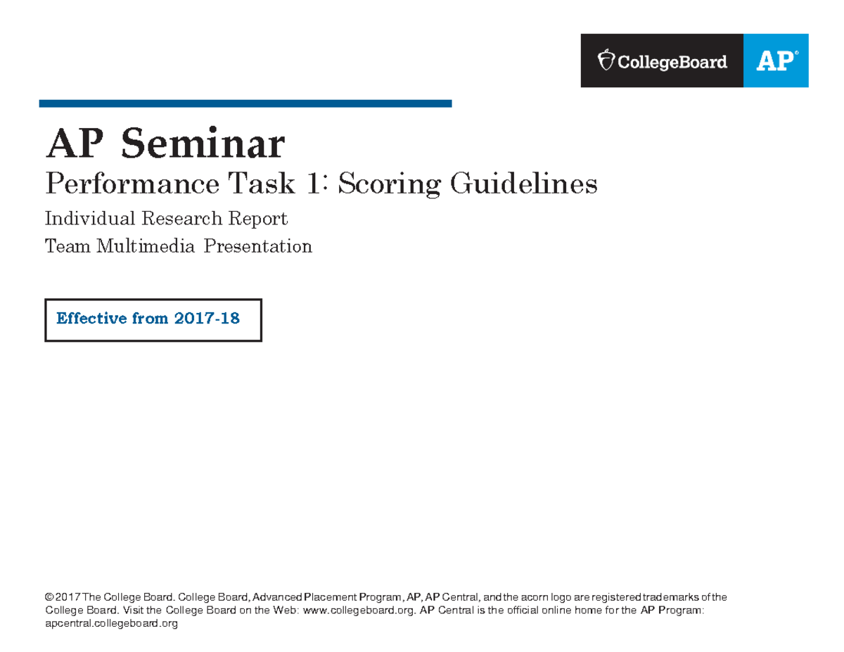 Performance Task 1 Rubrics - AP Seminar Performance Task 1: Scoring ...