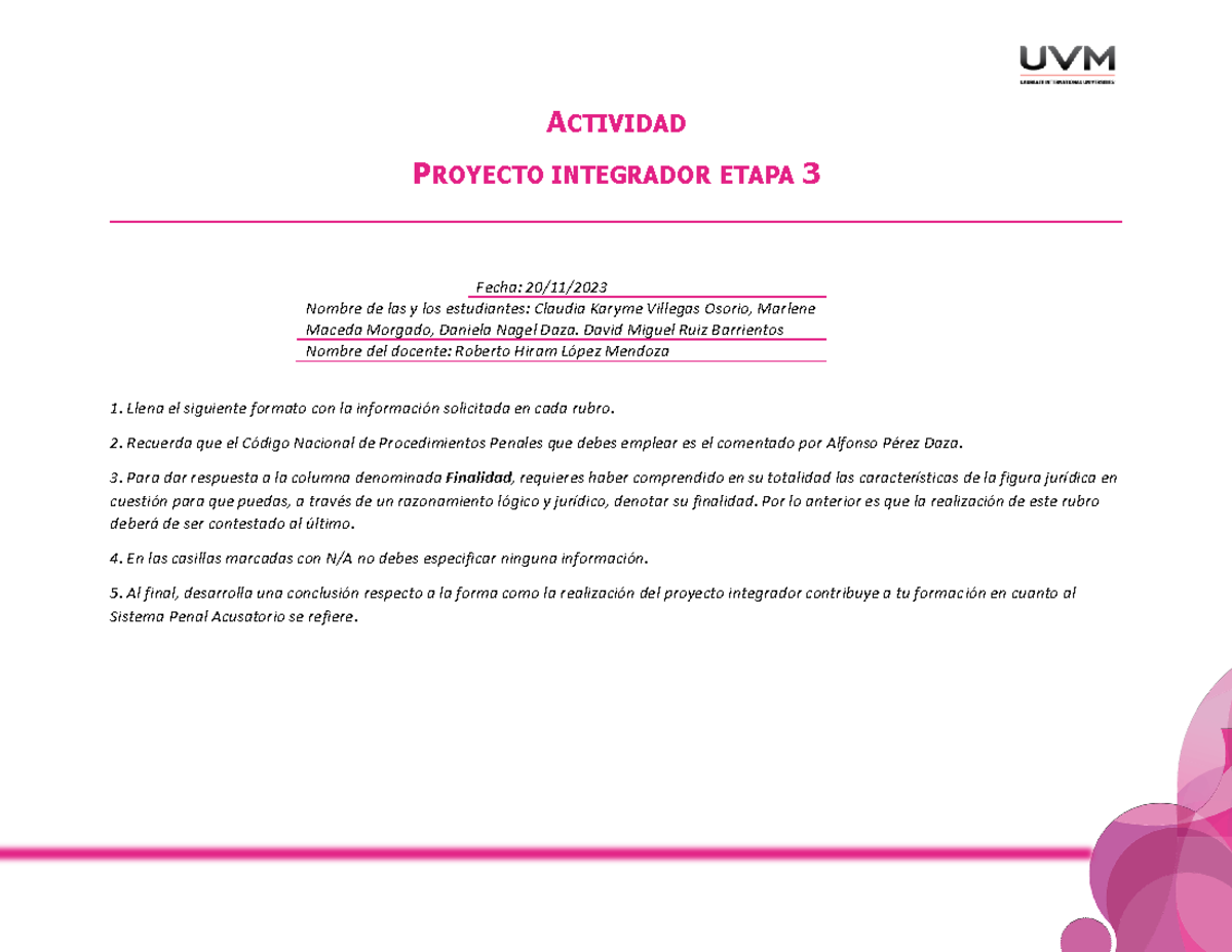 Proyecto Integrador Etapa 3 DPP - ACTIVIDAD PROYECTO INTEGRADOR ETAPA 3 Fecha: 20 / 11 / 2023 ...