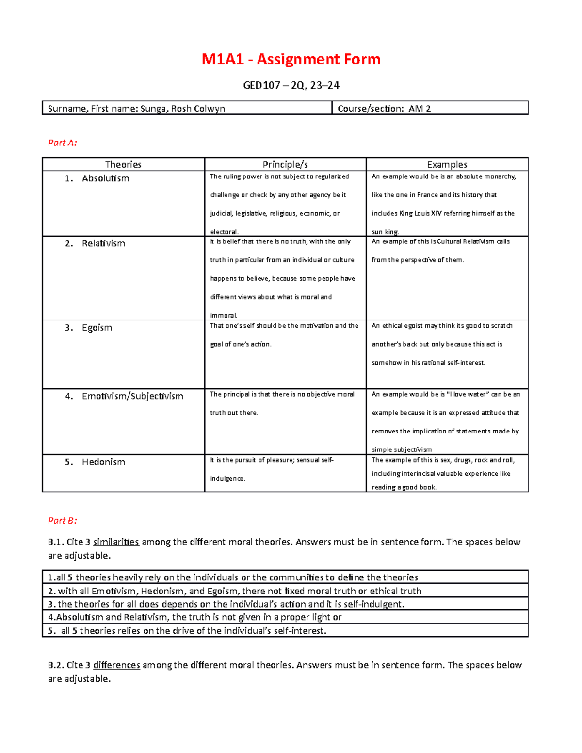 Rosh Sunga -GED107 - M1A1 Form - M1A1 - Assignment Form GED107 – 2Q, 23 ...