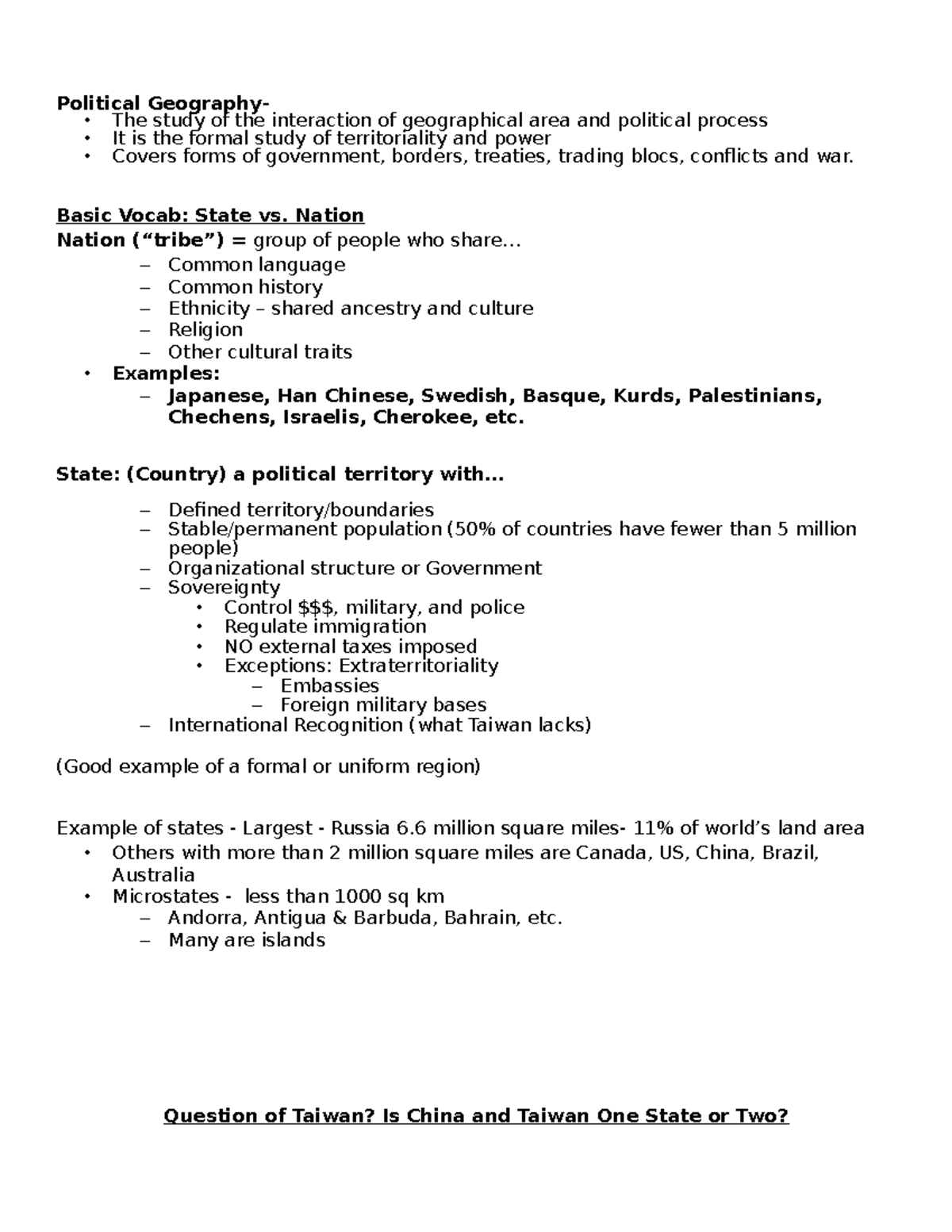 Chapter 8 notes section 1 - Political Geography- The study of the ...