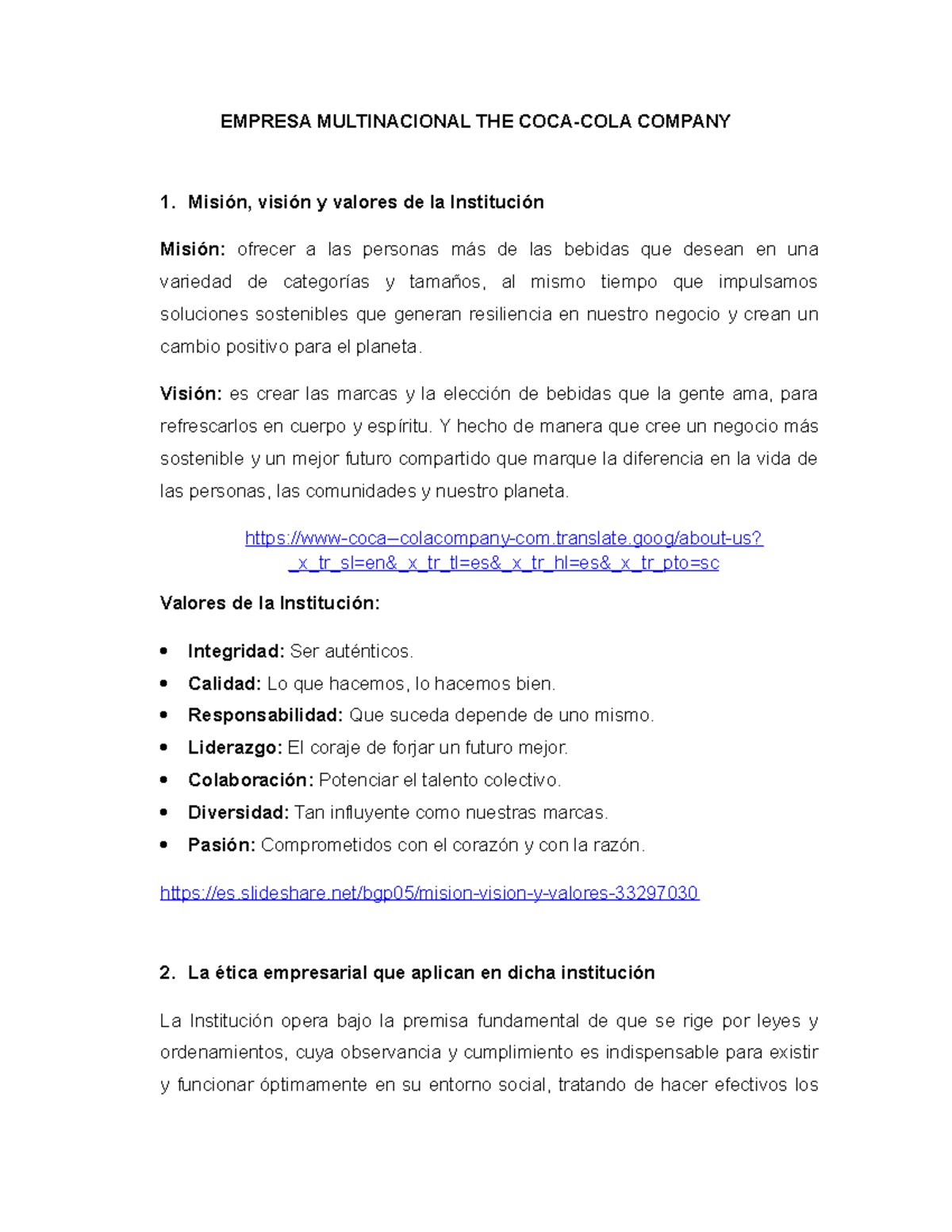 Empresa COCA COLA - LOS CÓDIGOS DE ÉTICA INSTITUCIONALES Y ...